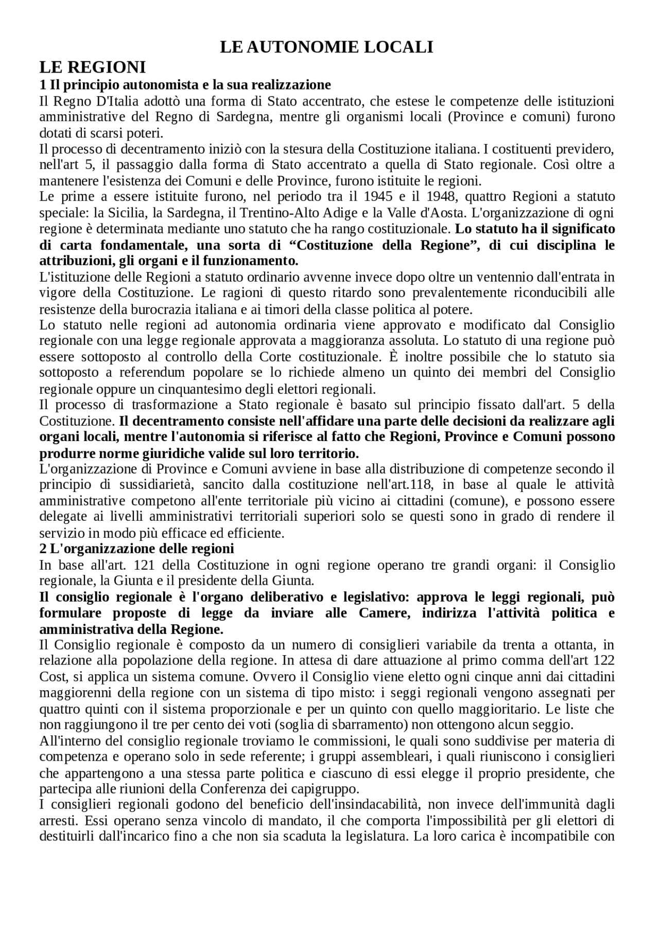 Regioni E Autonomie Locali Docsity