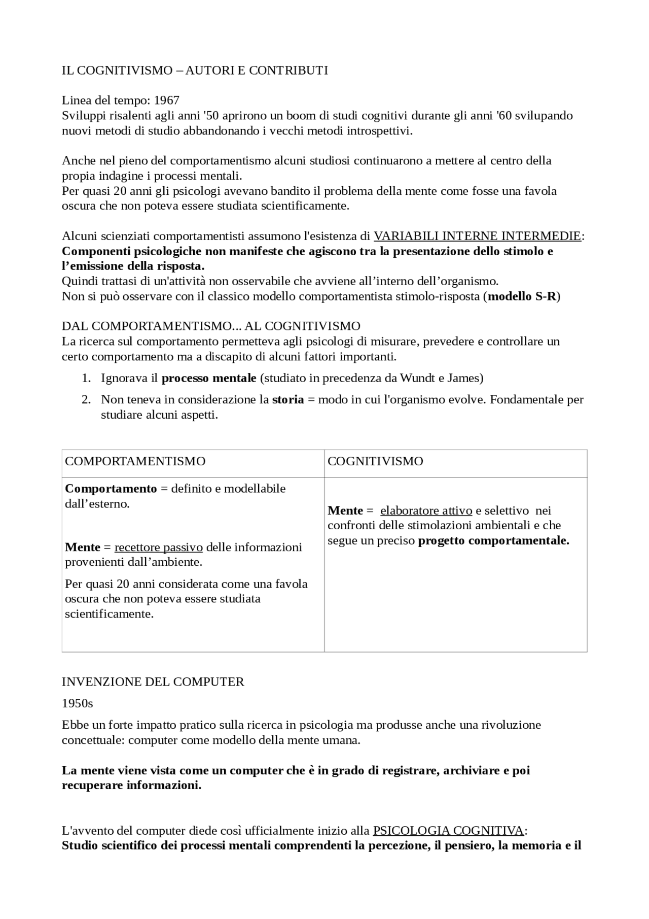 Il Cognitivismo Autori E Contributi Docsity
