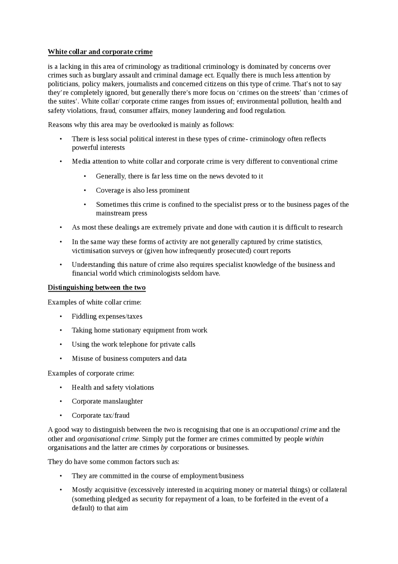 Criminology- White-Collar Crime | Lecture notes Criminology | Docsity