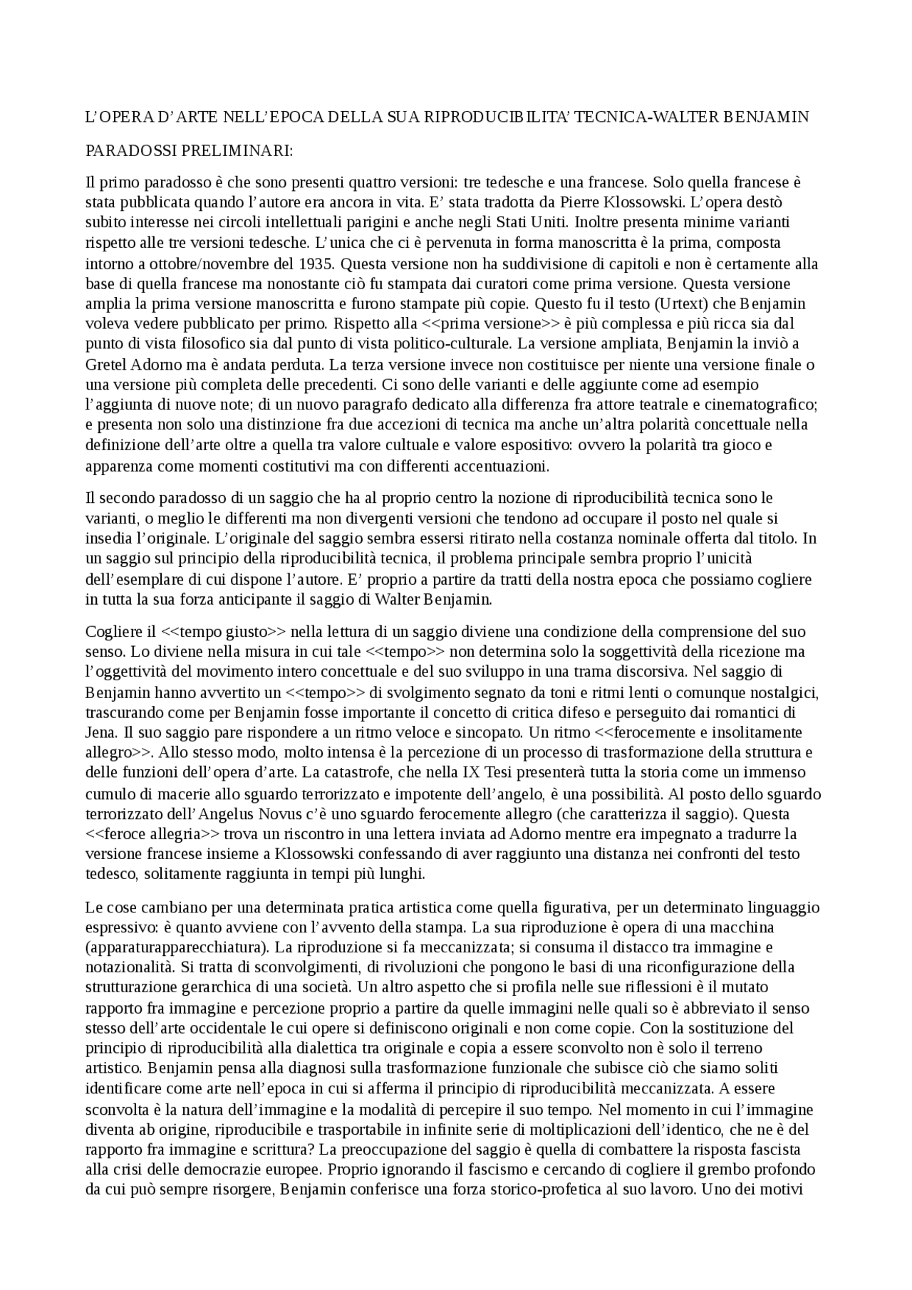Riassunti Del Saggio Di Walter Benjamin Docsity