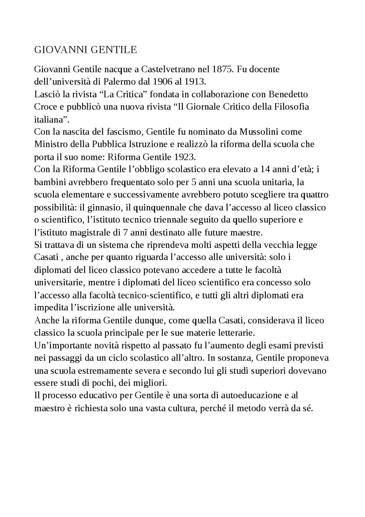 Giovanni Gentile E La Riforma Gentile Docsity