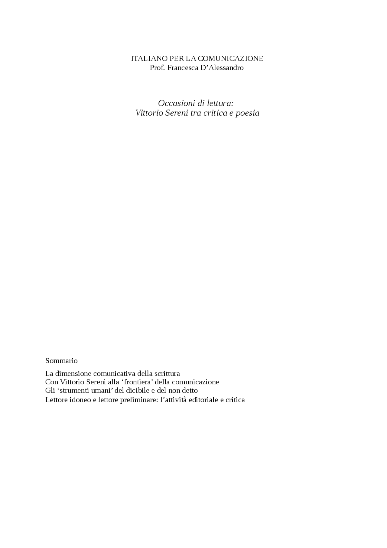 Vittorio Sereni Appunti Del Corso Docsity