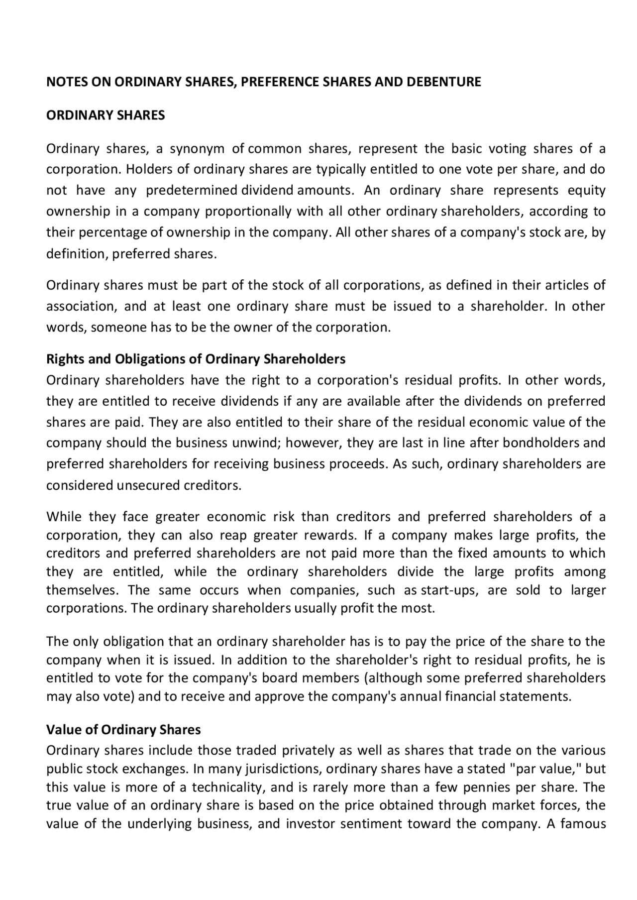 NOTE ON ORDINARY SHARES, PREFERENCE SHARES AND DEBENTURES - Docsity