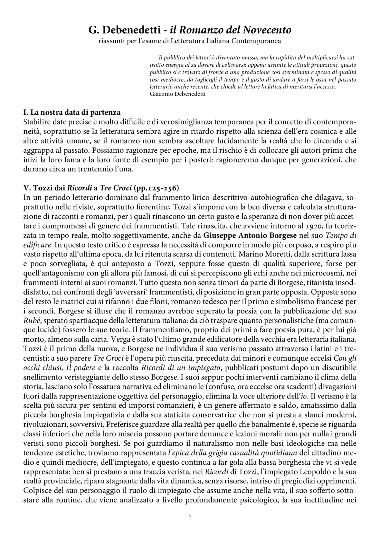 Giacomo Debenedetti – Il romanzo del Novecento - Docsity