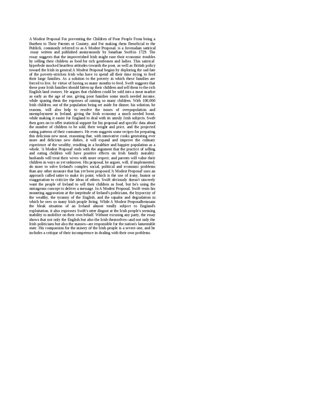 A Modest Proposal Jonathan Swift Docsity
