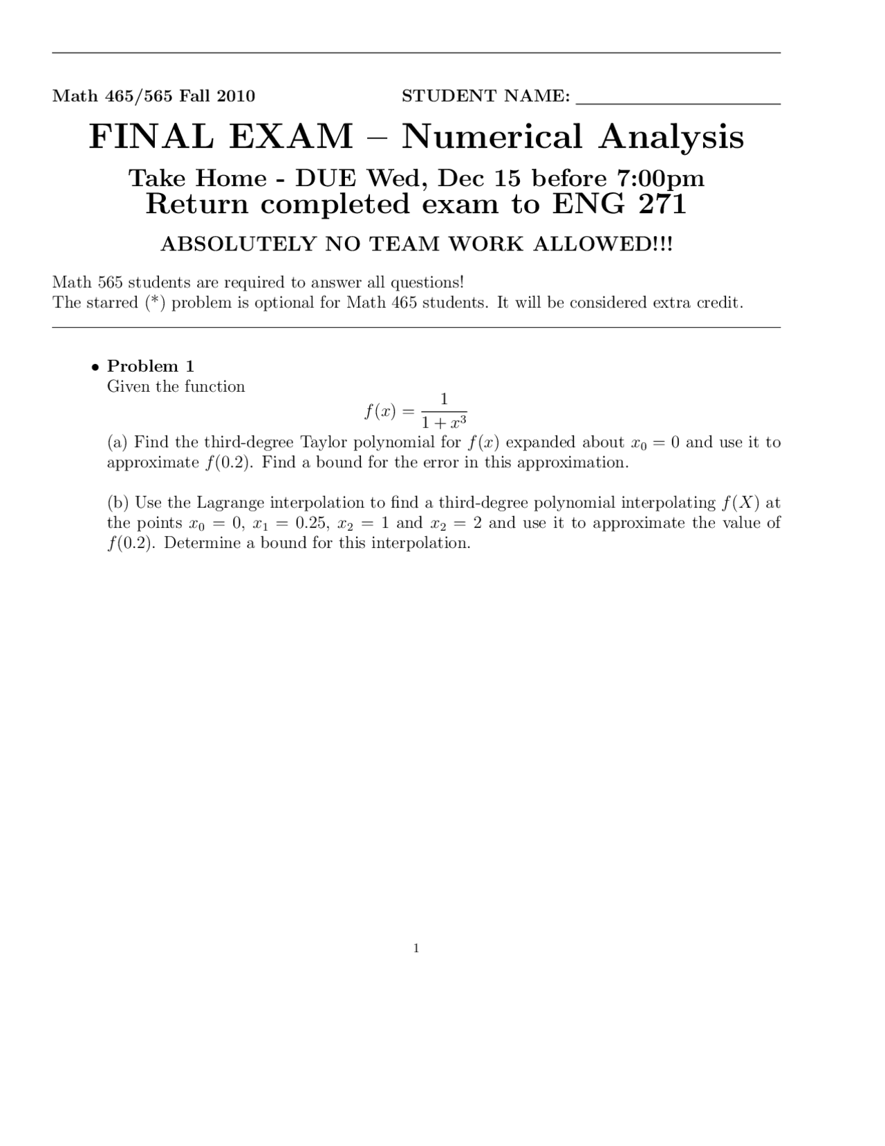 Math Final Exam 2010 Paper Docsity