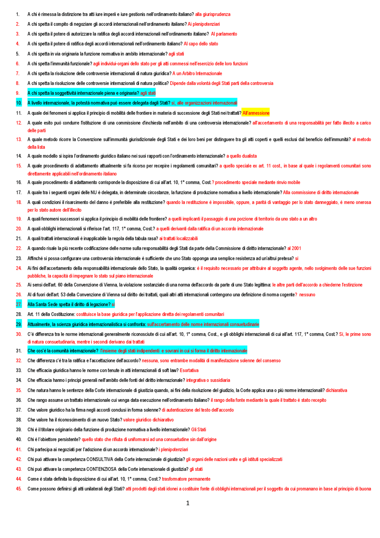 Quiz Diritto Internazionale Unicusano Docsity