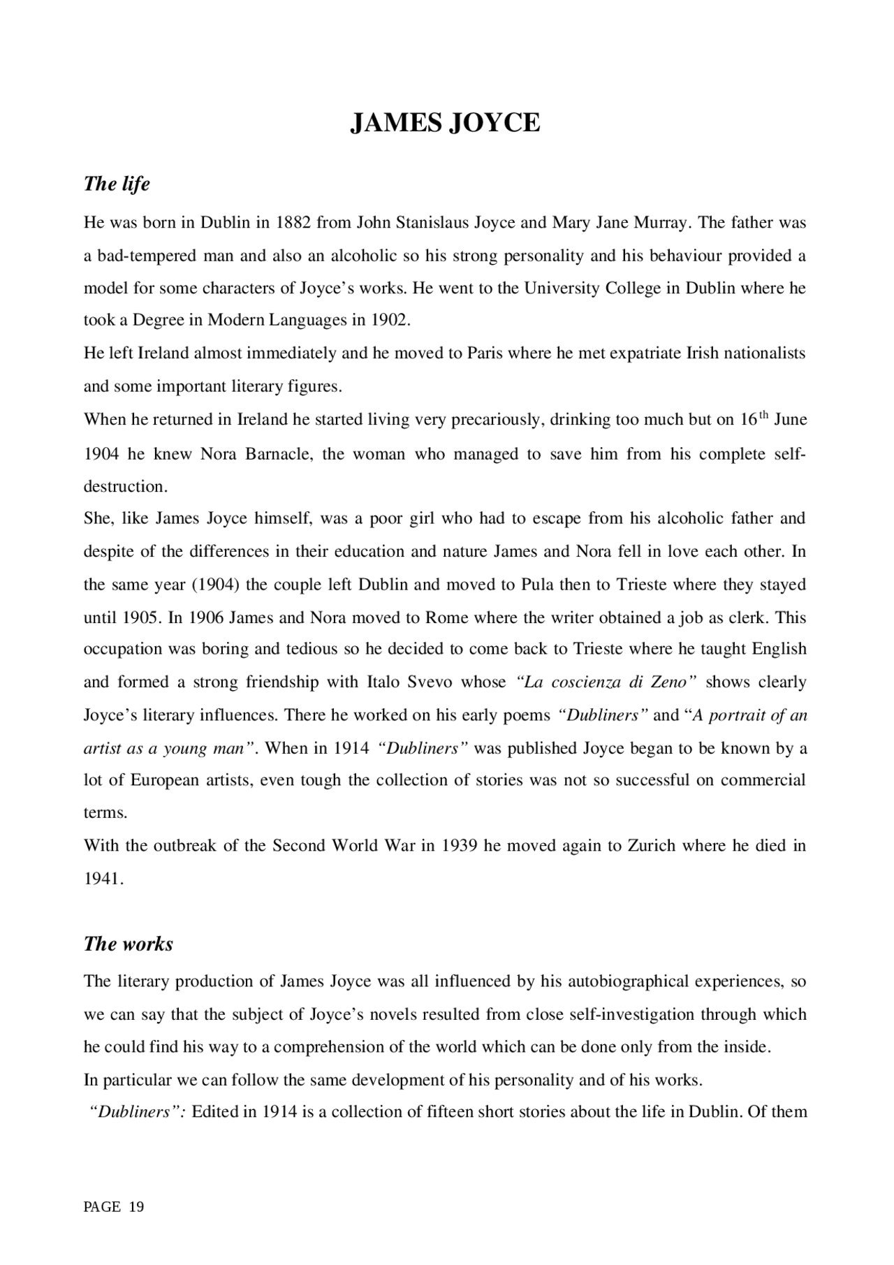 Vita Ed Opere Di James Joyce Docsity