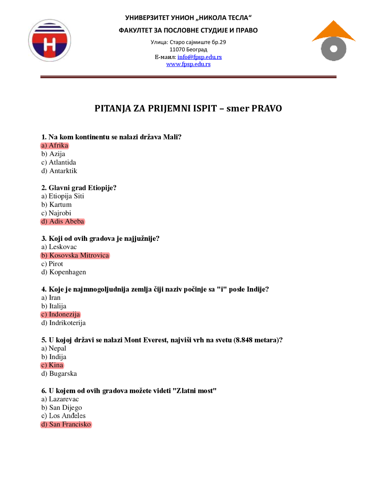 Pitanja i odgovori iz prijemnog za upis na Pravni Fakultet | Prijemni ispiti' predlog Diritto ...