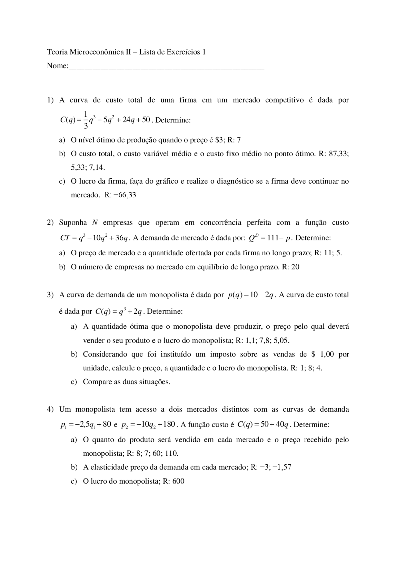 Exercicios Da Aula De Econometria Docsity