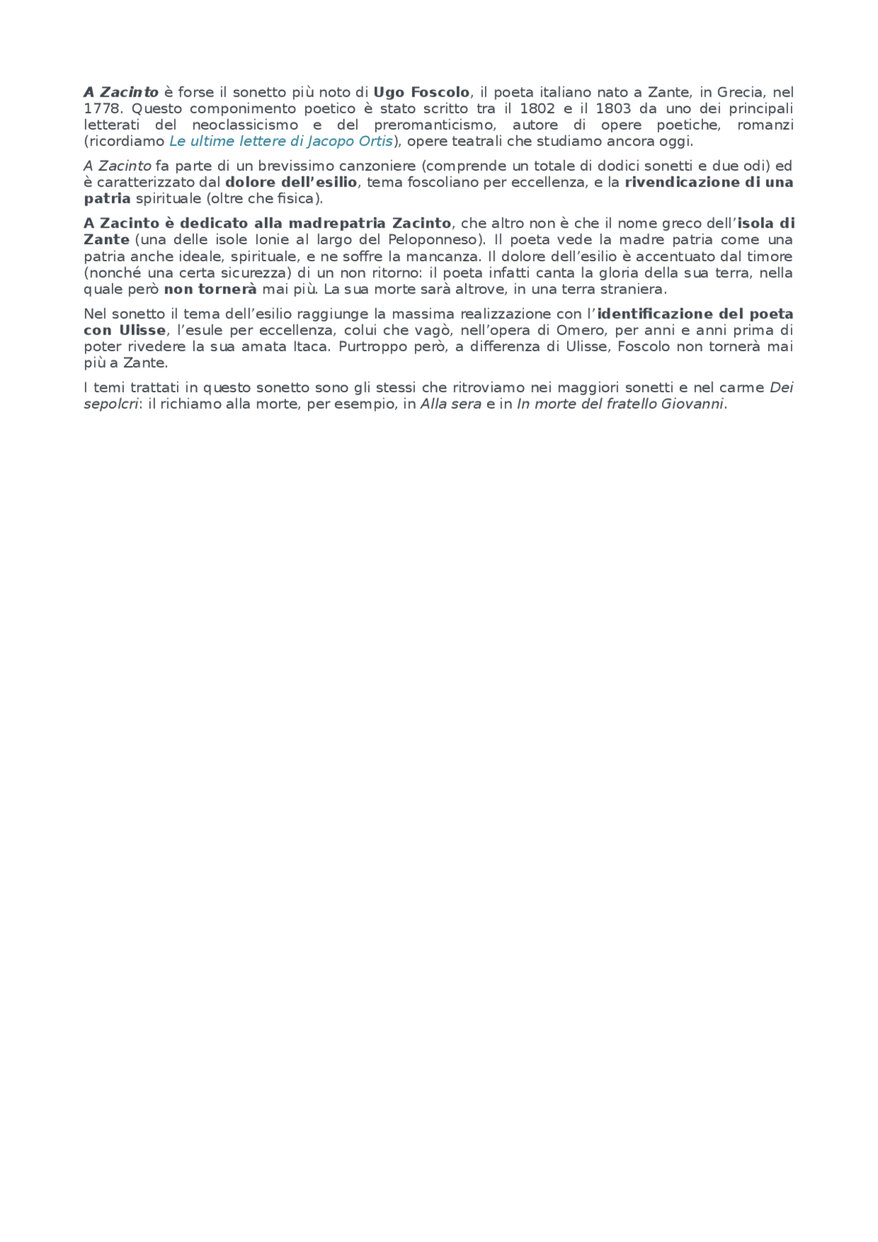 A Zacinto Di Ugo Foscolo Docsity