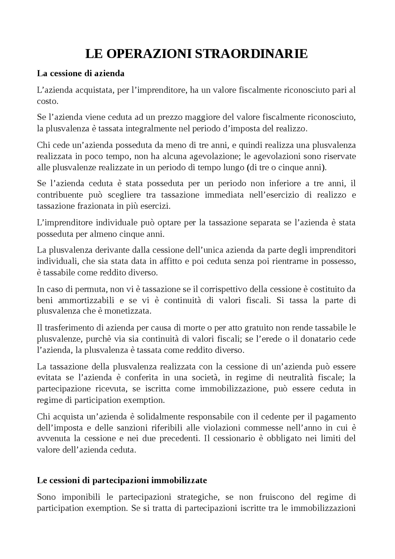 Riassunto Operazioni Straordinarie Diritto Tributario Docsity