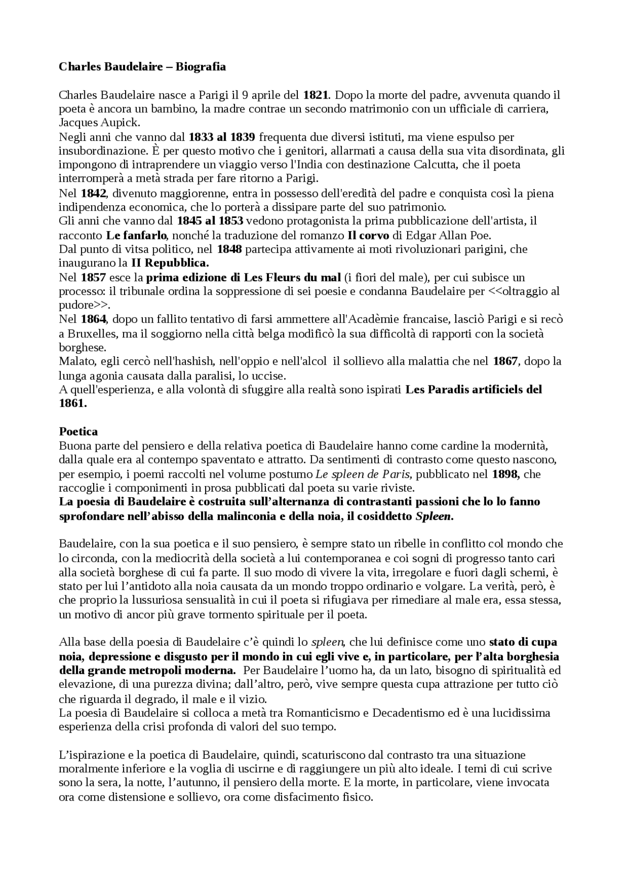 Charles Baudelaire E Il Decadentismo In Francia Docsity