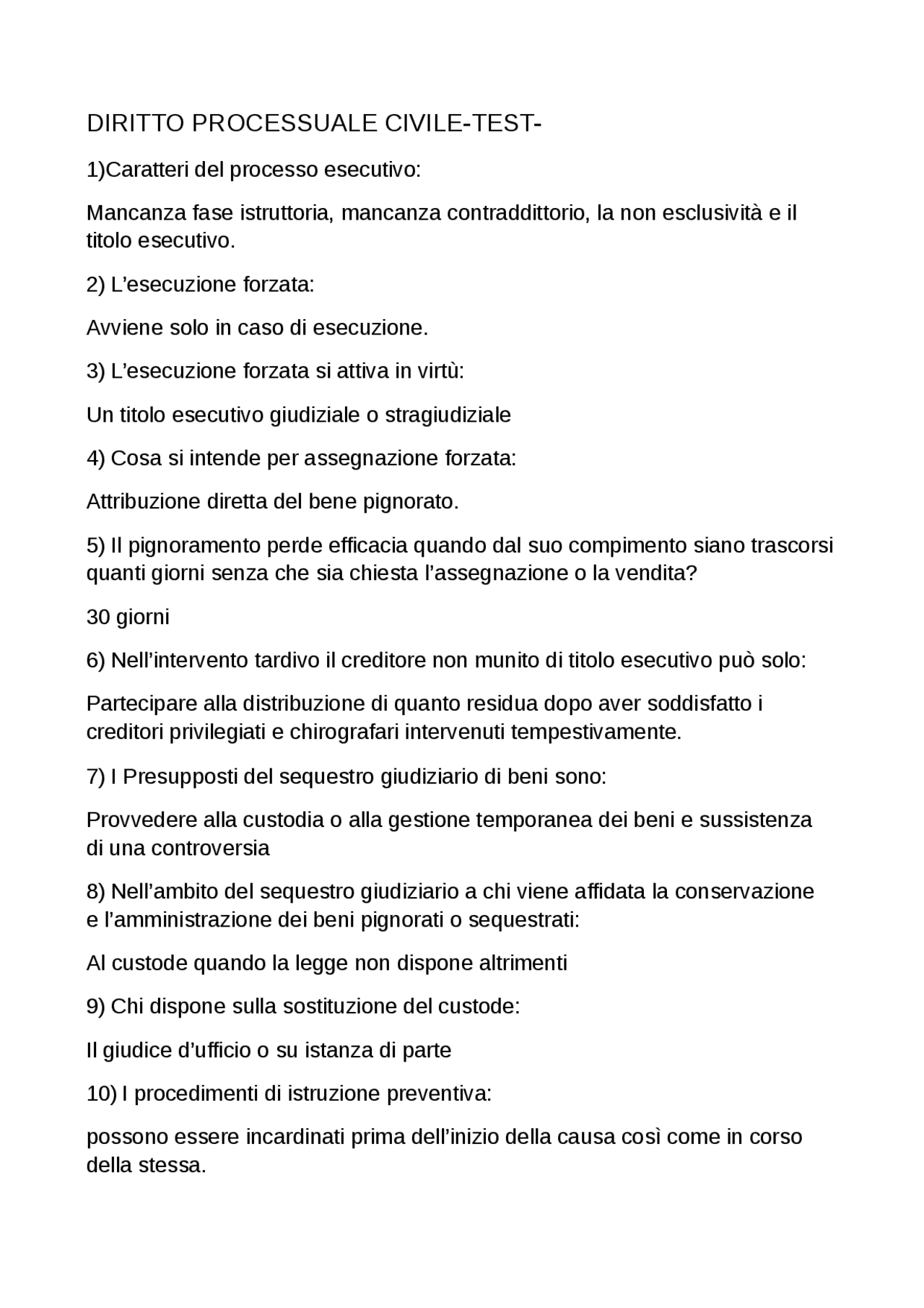 Test Di Diritto Processuale Civile Pegaso Docsity