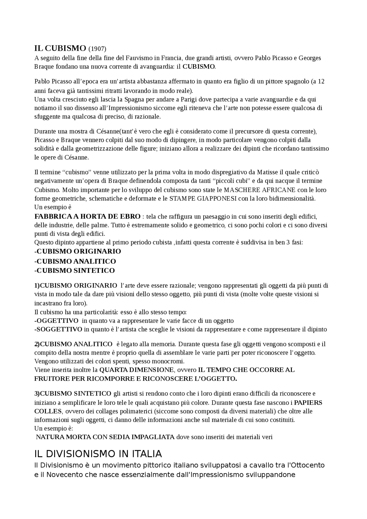 Cubismo Divisionismofuturismo Docsity
