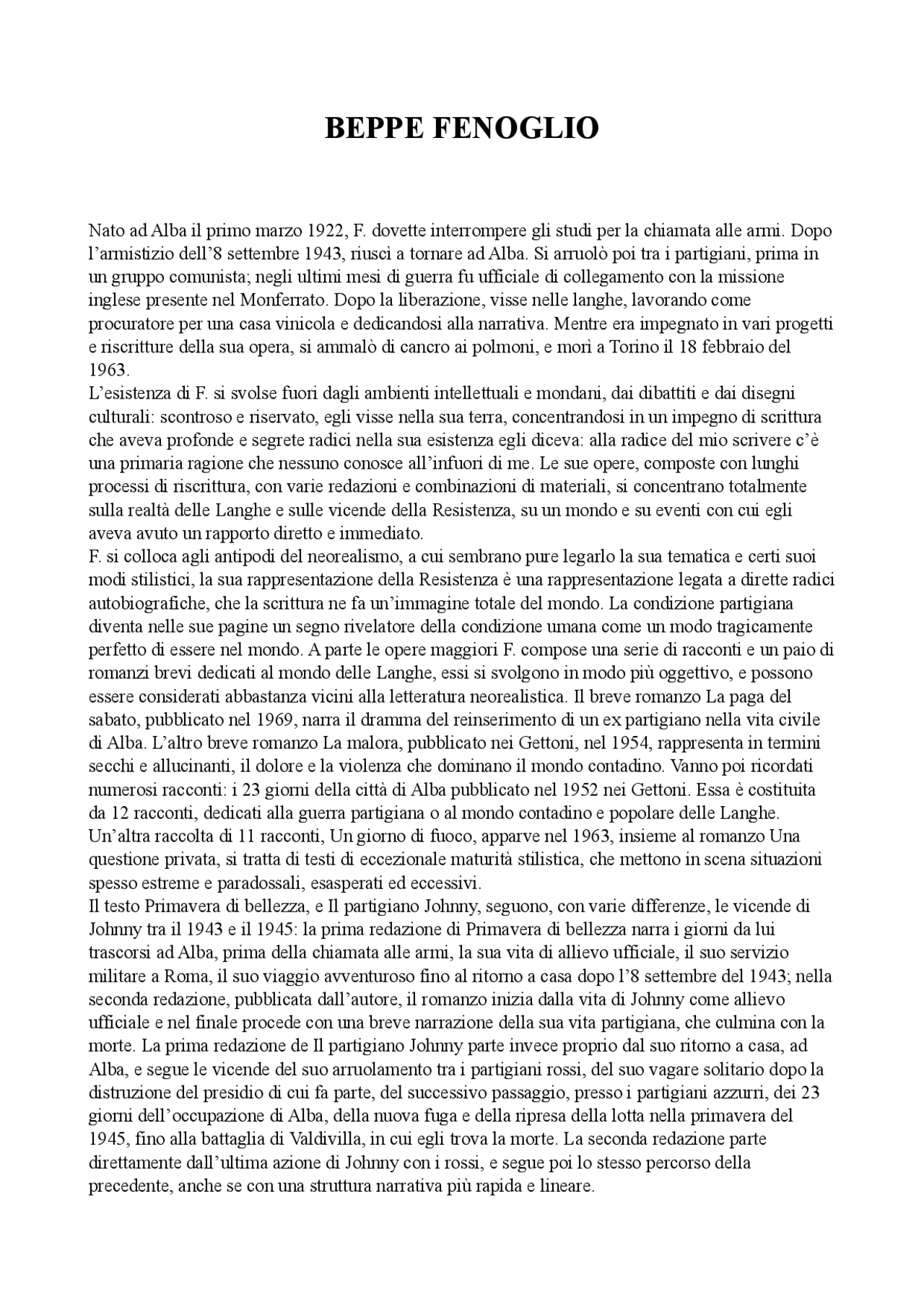 Riassunto Beppe Fenoglio Docsity