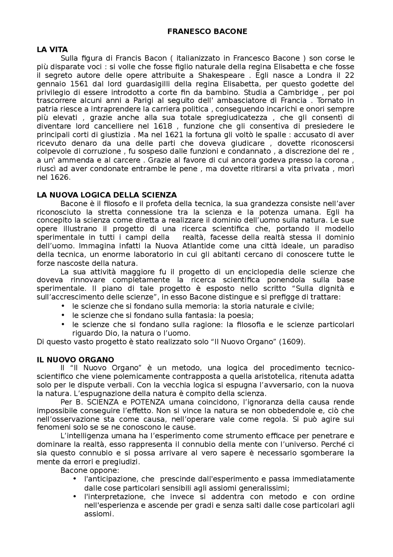 Appunti Sul Pensiero Di F Bacone Docsity