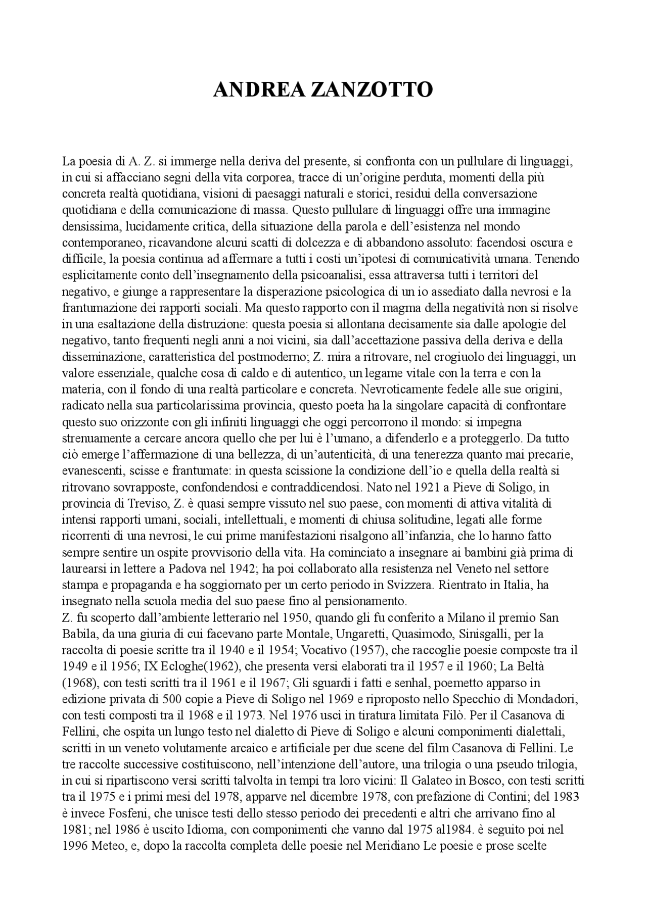 Riassunto Andrea Zanzotto Docsity
