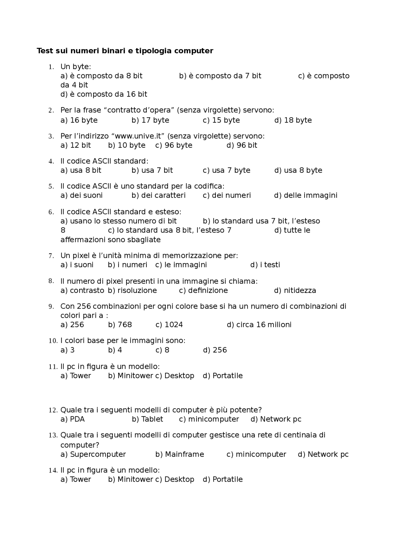 Test Ed Esercizi Computer Esercizi Di Elementi Di Informatica Docsity