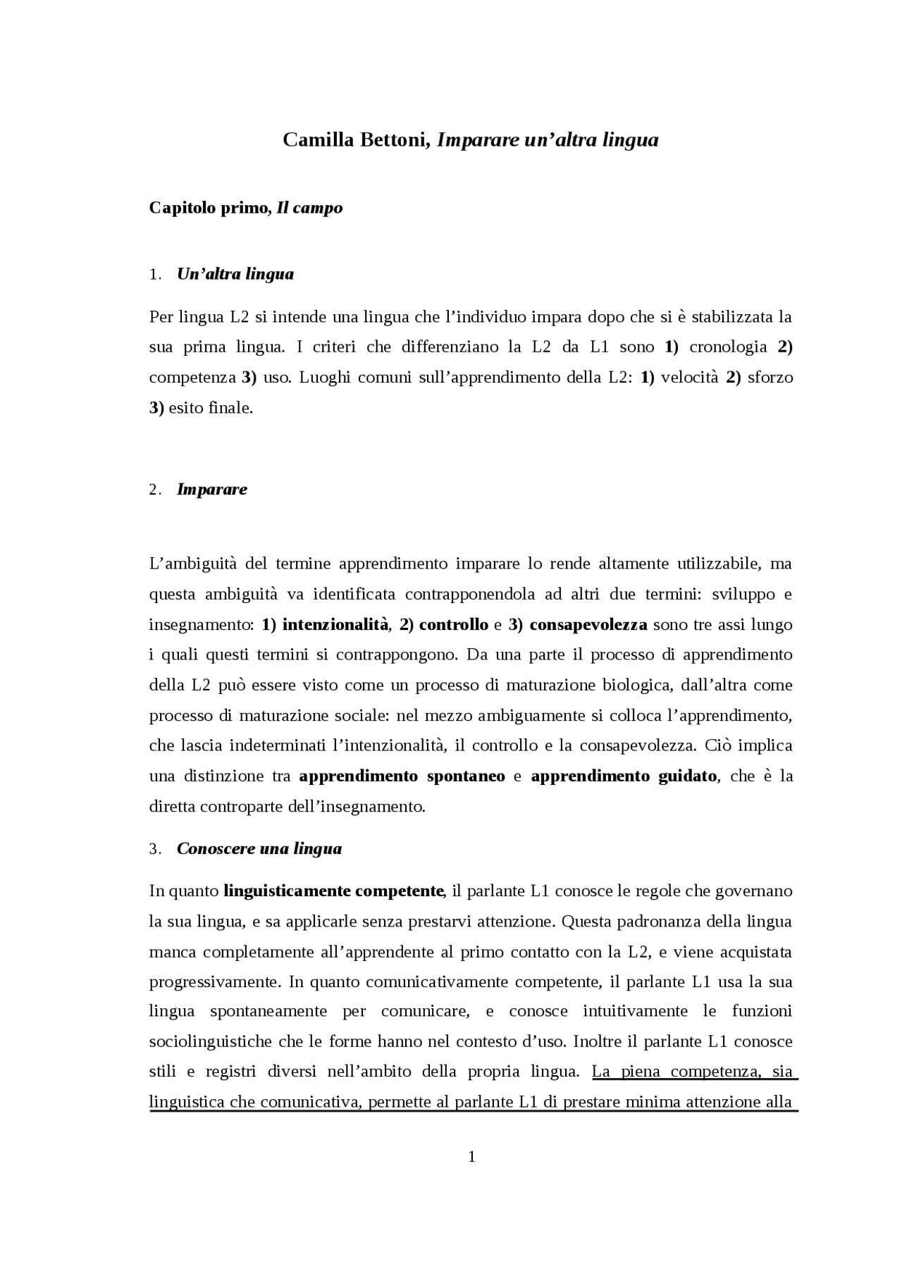Imparare Unaltra Lingua Camilla Bettoni Docsity