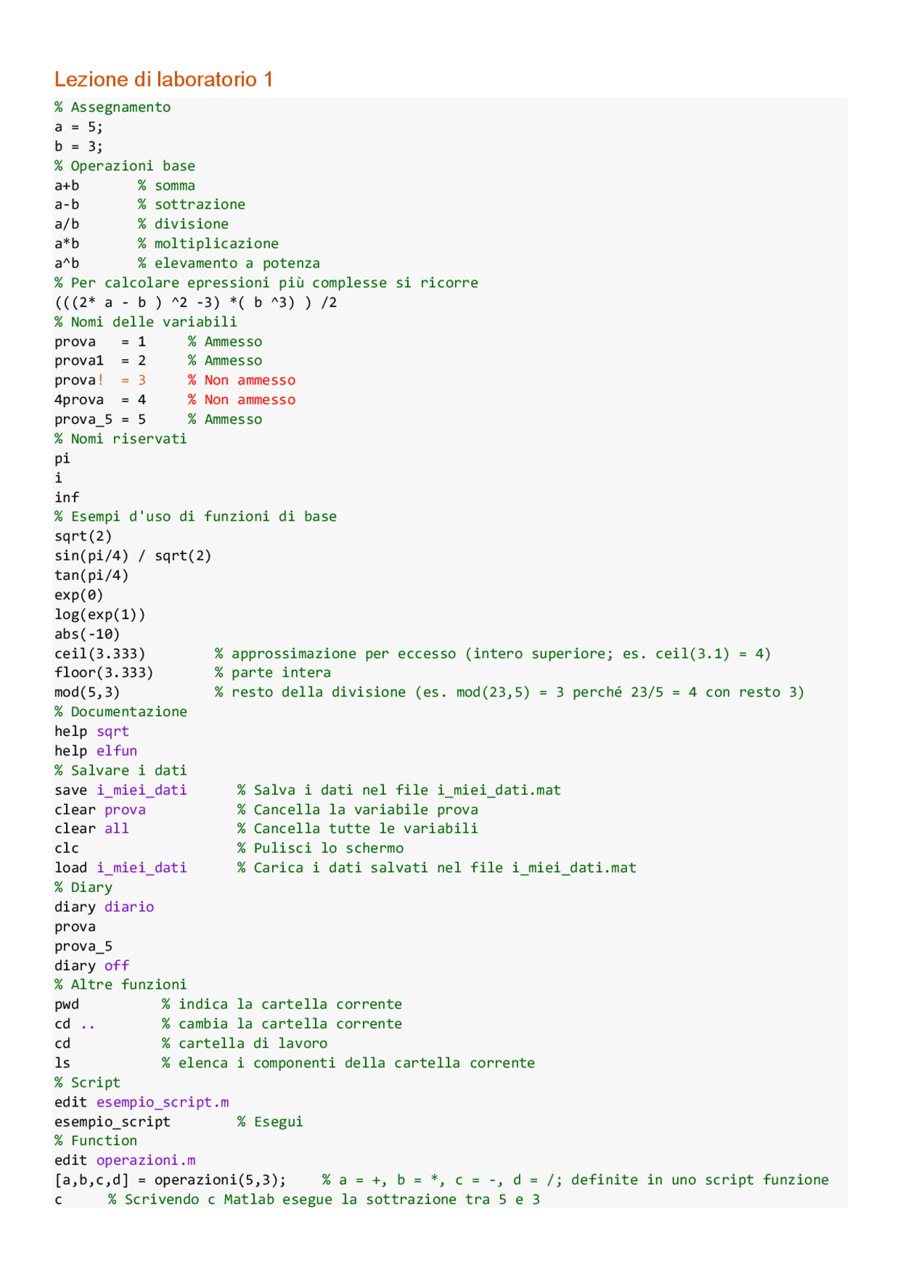 Appunti Matlab - Ingegneria Matematica PoliMi - Docsity