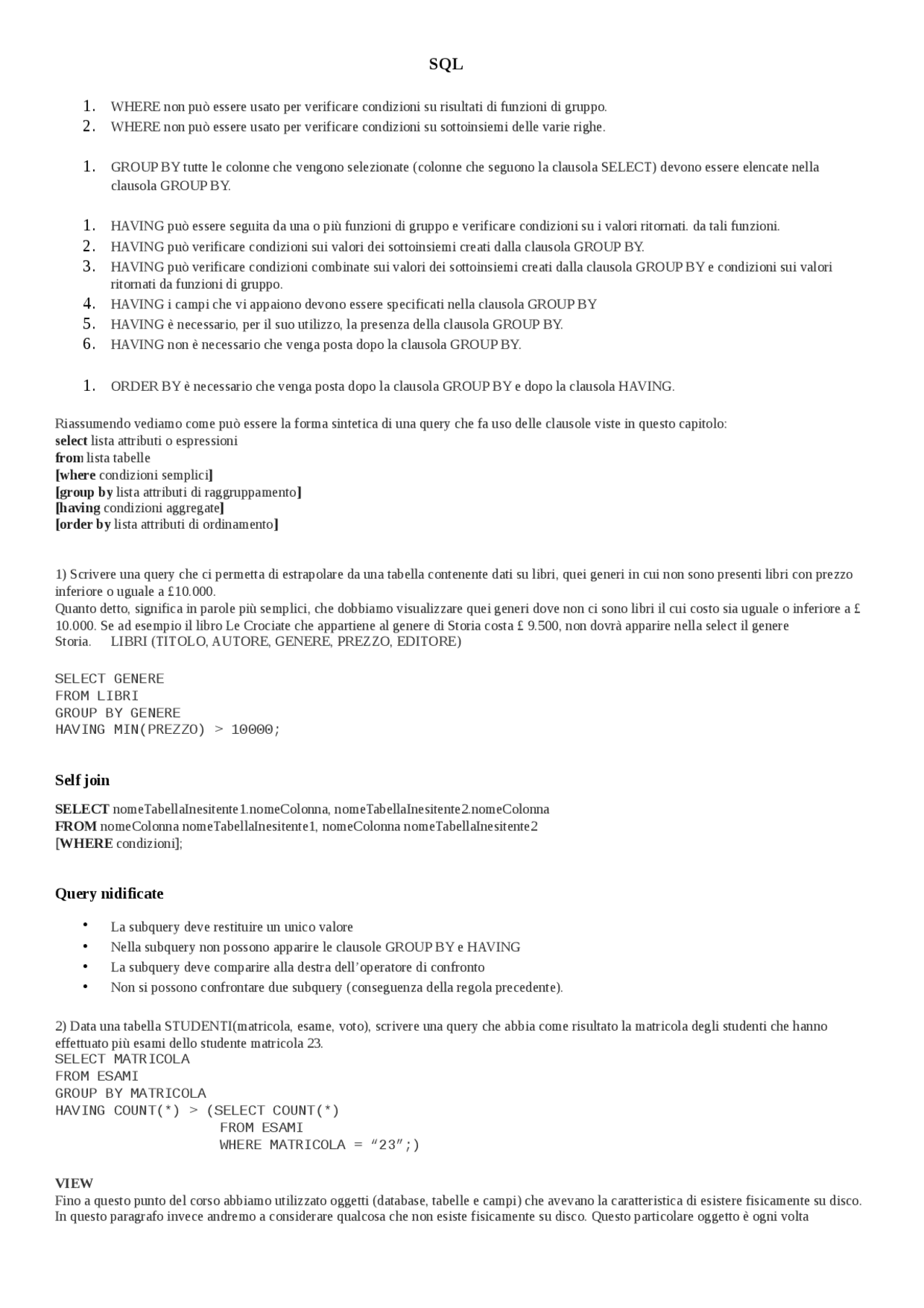 SQL - Ingegneria Matematica PoliMi - Docsity