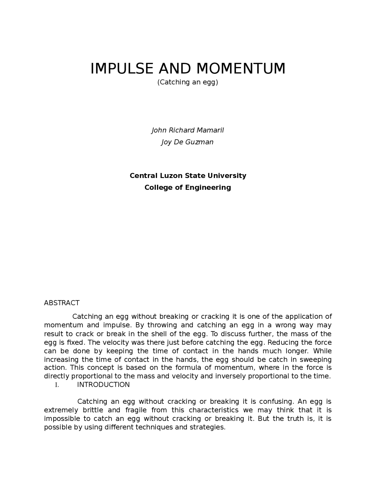 Impulse And Momentum Docsity