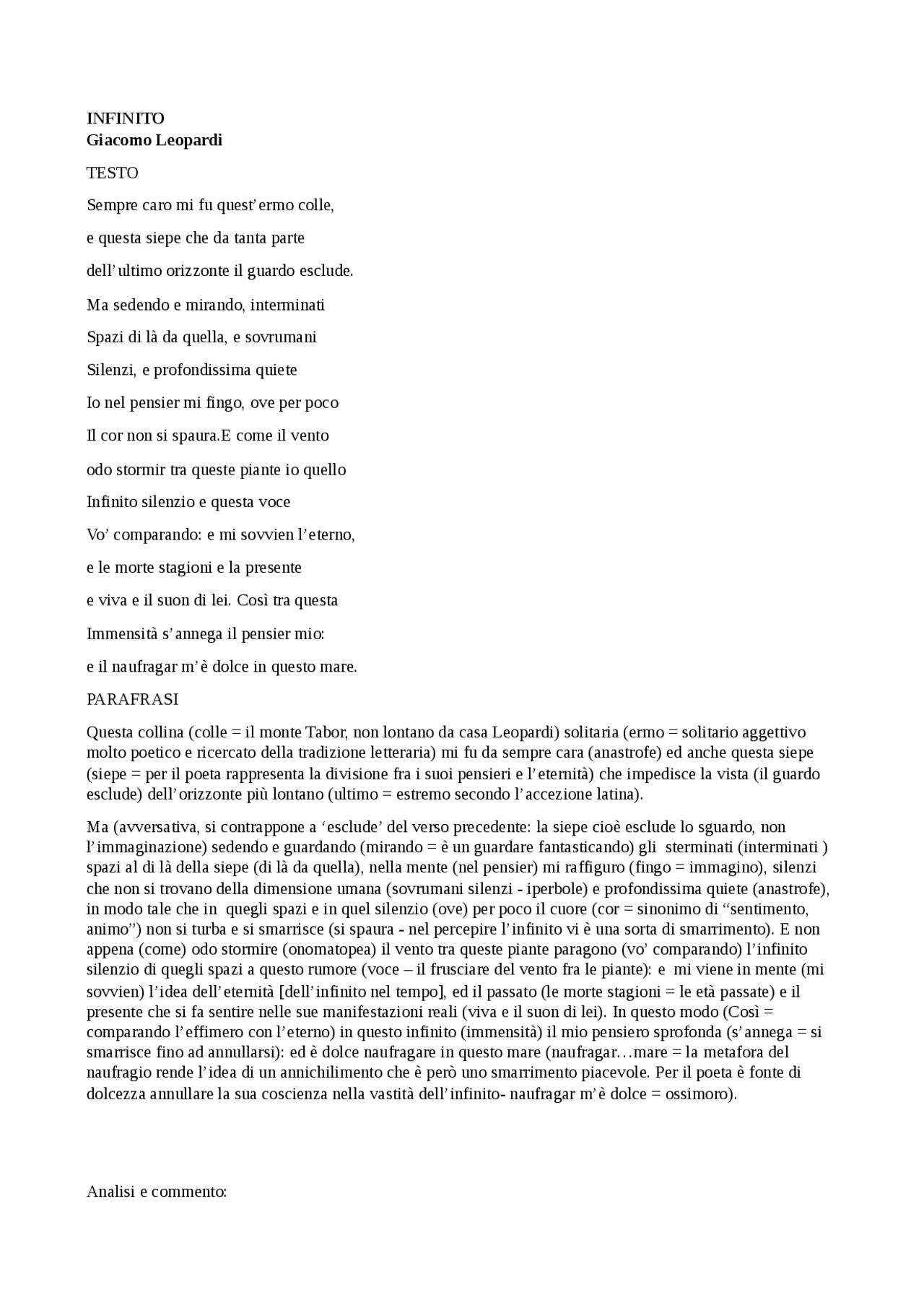 Infinito Di Giacomo Leopardi Docsity