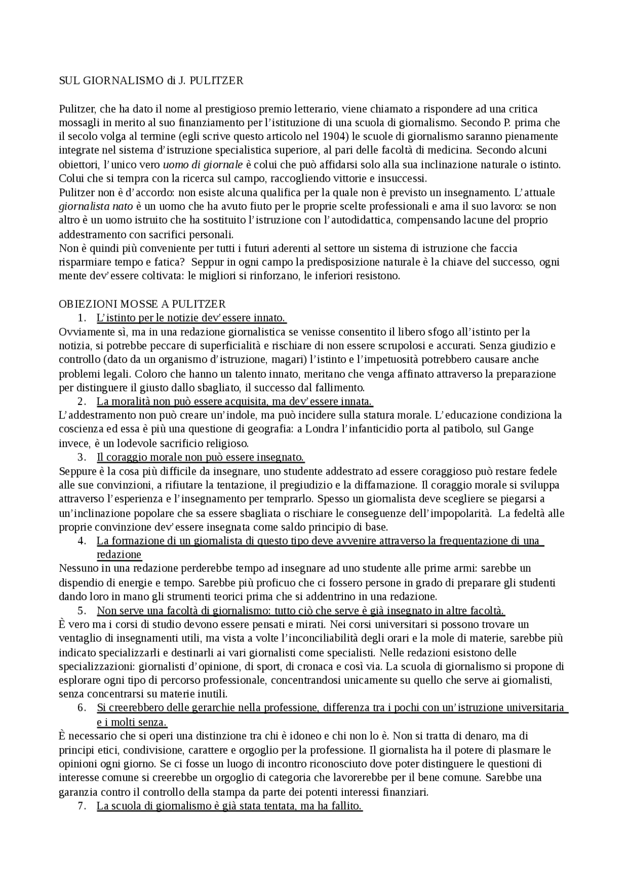 Riassunto "Sul giornalismo" J. Pulitzer - Docsity
