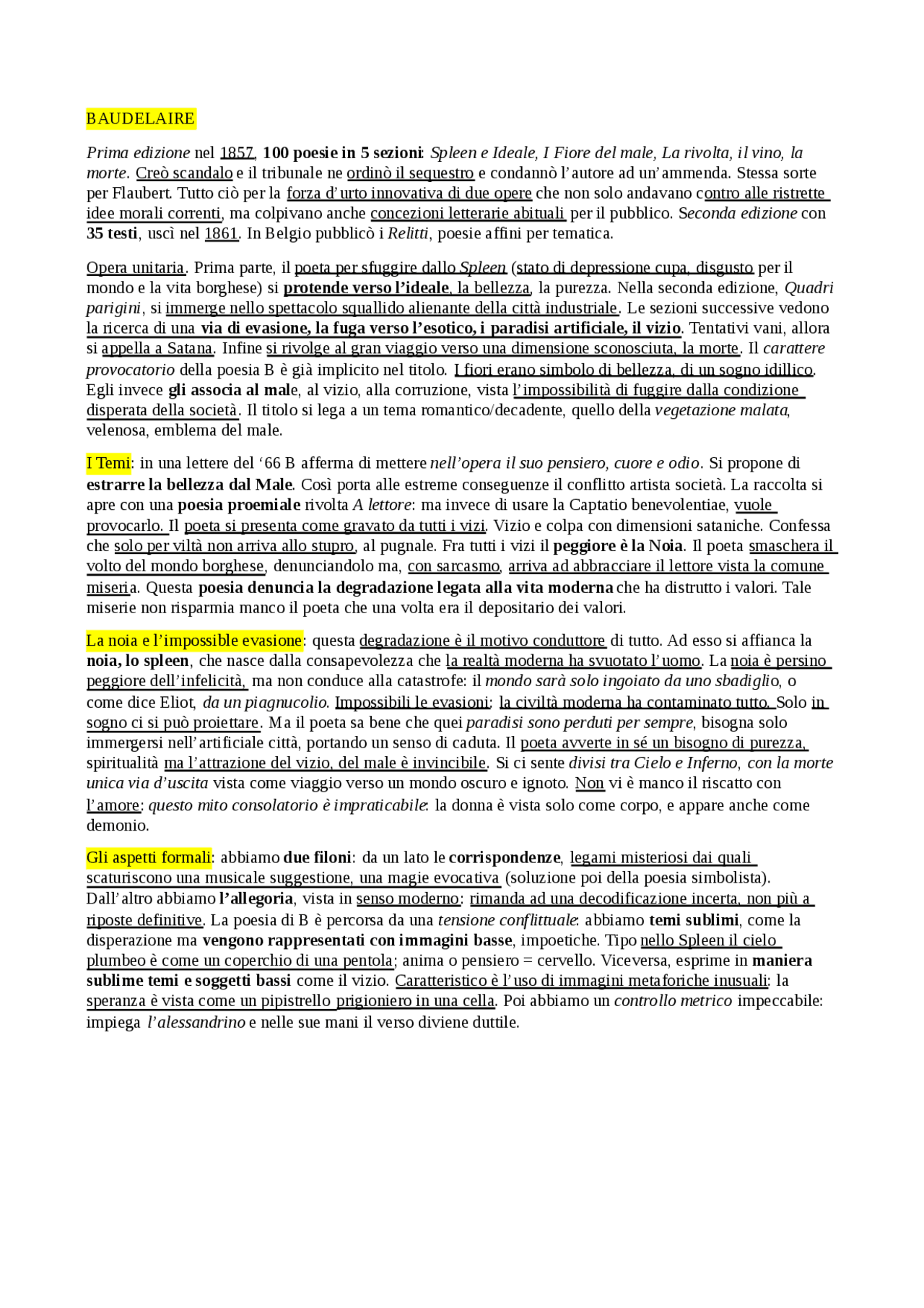 Baudelaire Vita E Opere Docsity