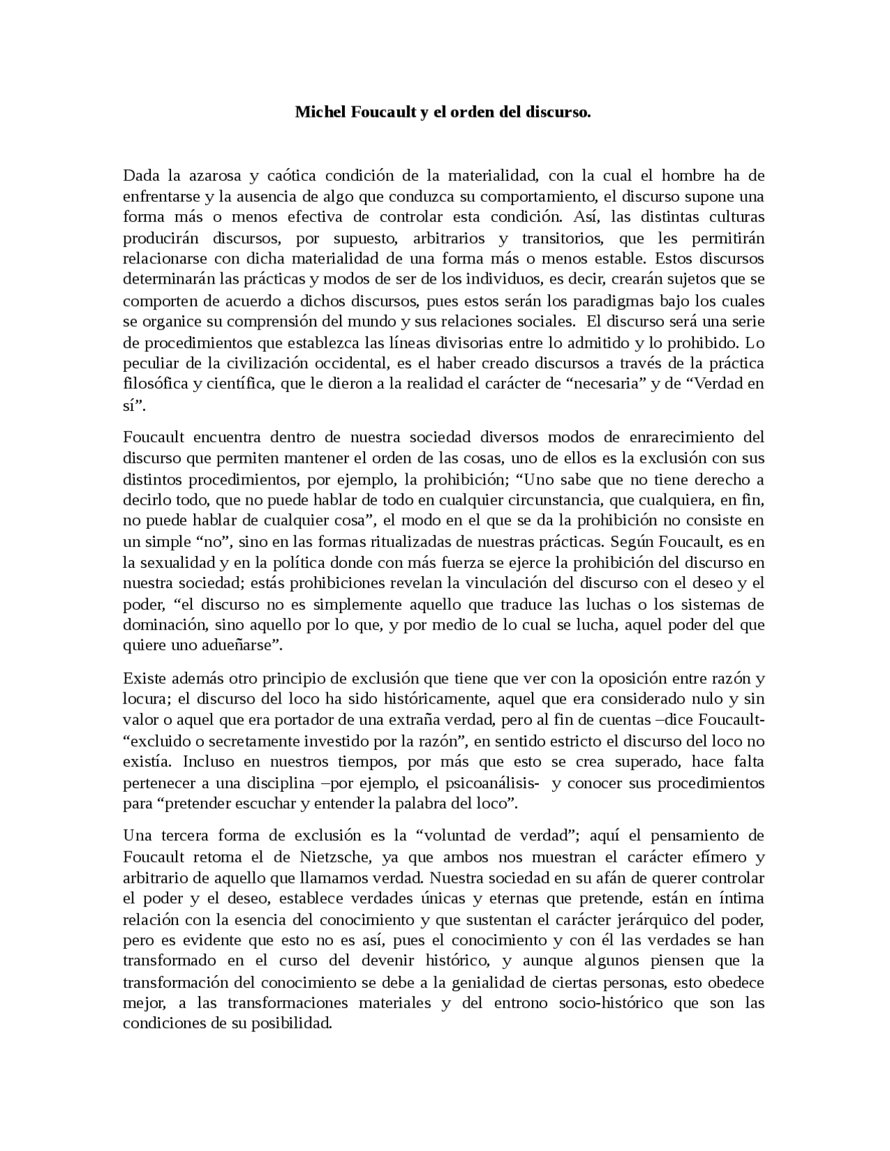 Michel Foucault Y El Orden Del Discurso Docsity