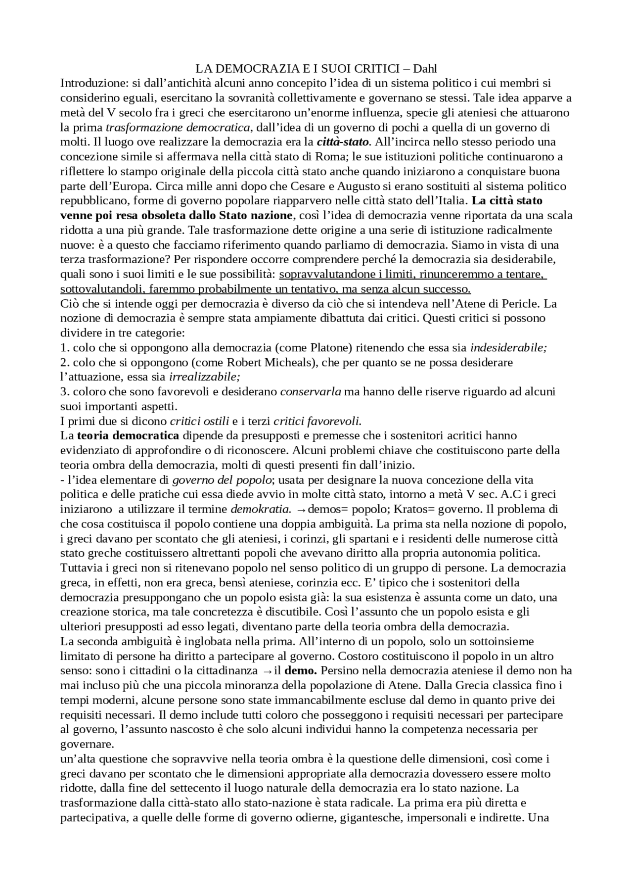 Democrazia E I Suoi Critici Docsity