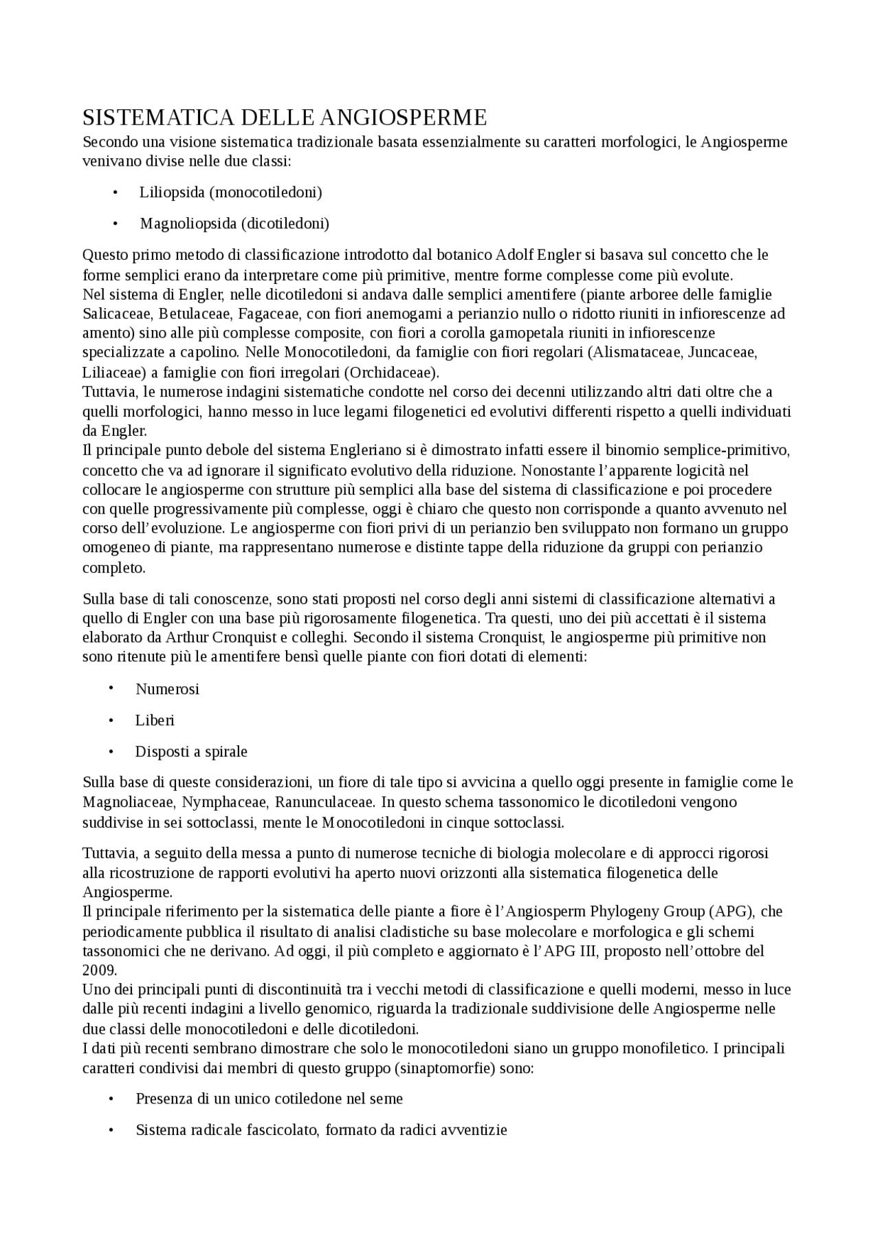 Appunti Botanica Sistematica Sistematica Angiosperme Appunti Di