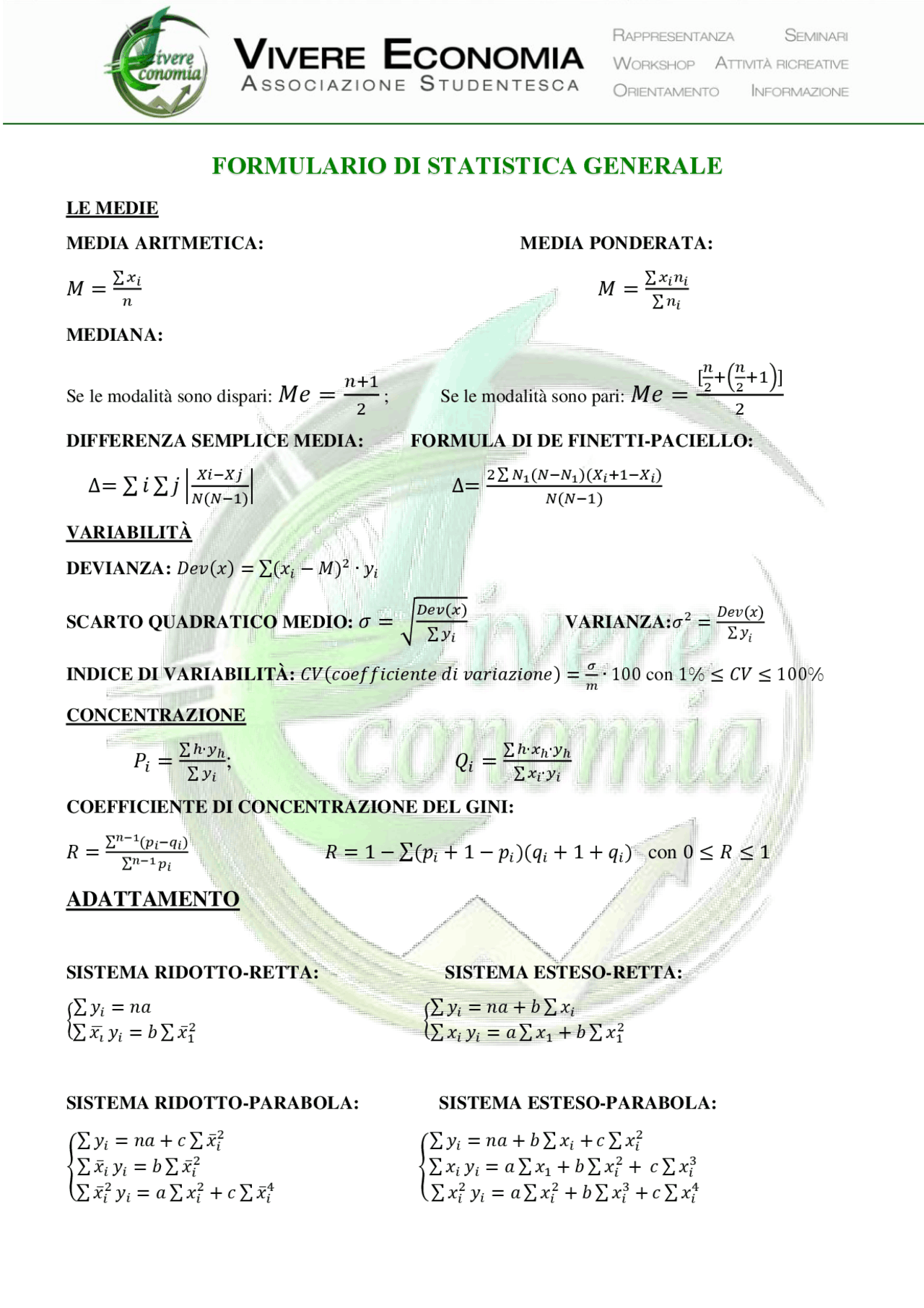 Formulario Di Statistica Generale Docsity