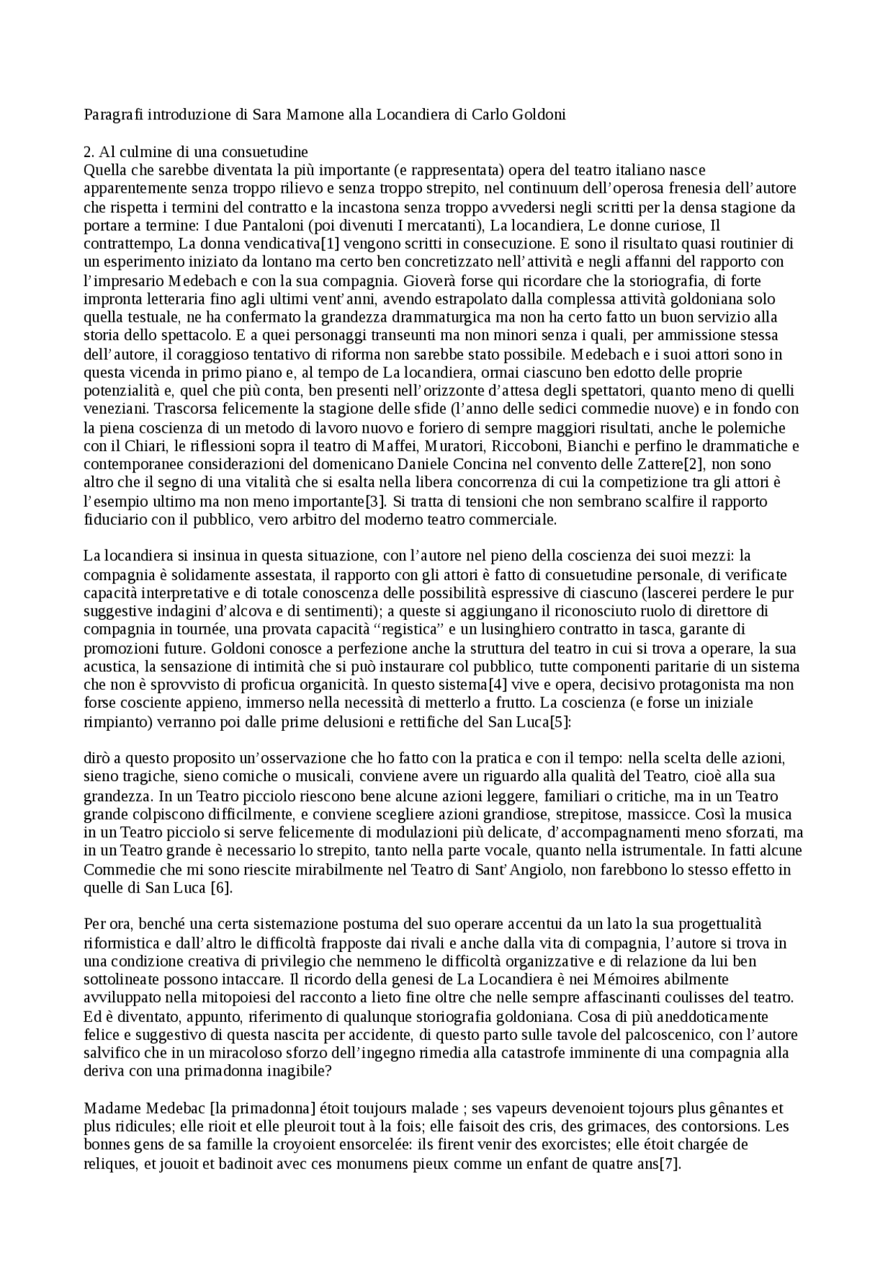 Introduzione di Sara Mamone alla Locandiera di Goldoni - Docsity