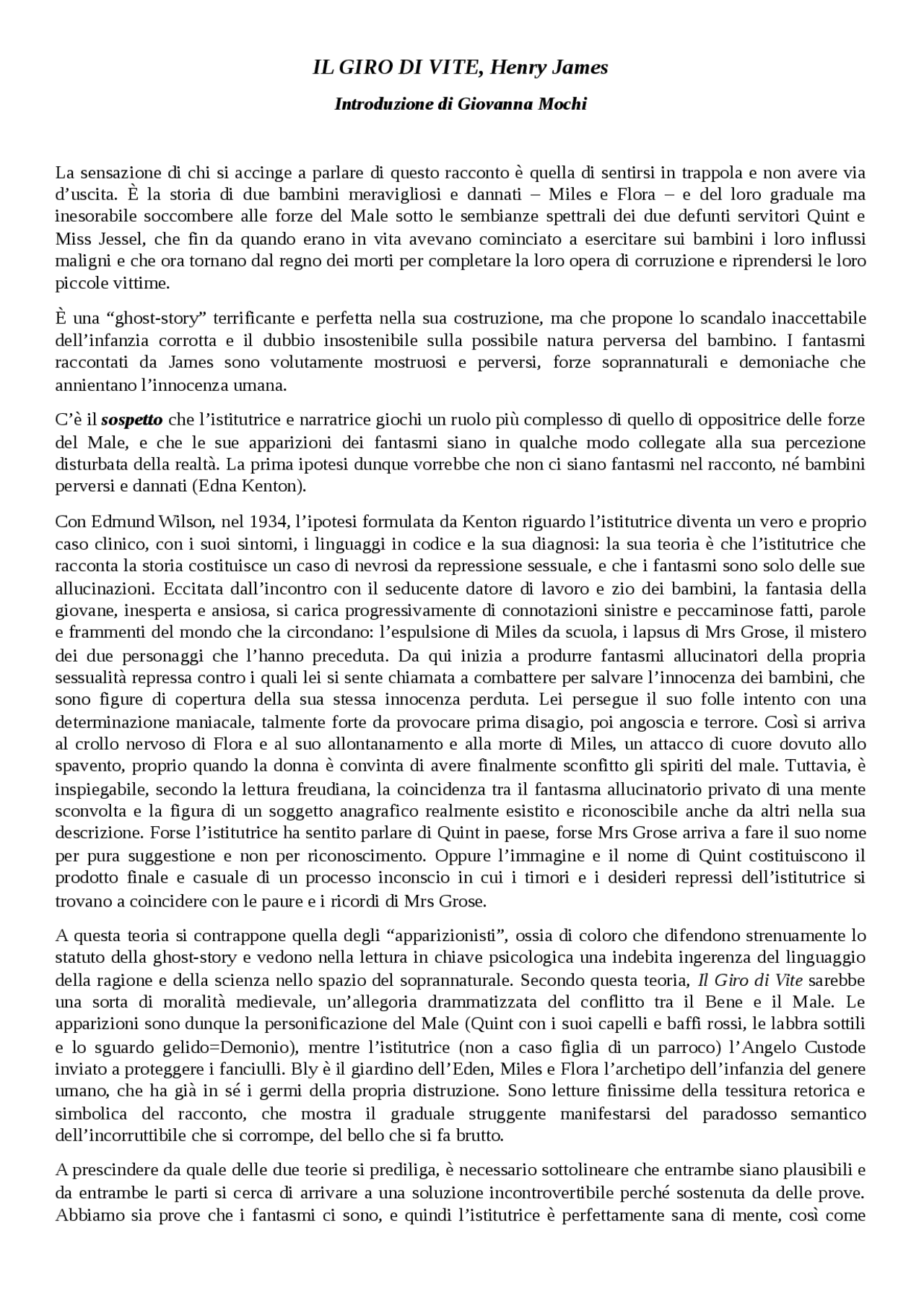 Il Giro Di Vite Henry James Introduzione A Cura Di Gmochi Docsity
