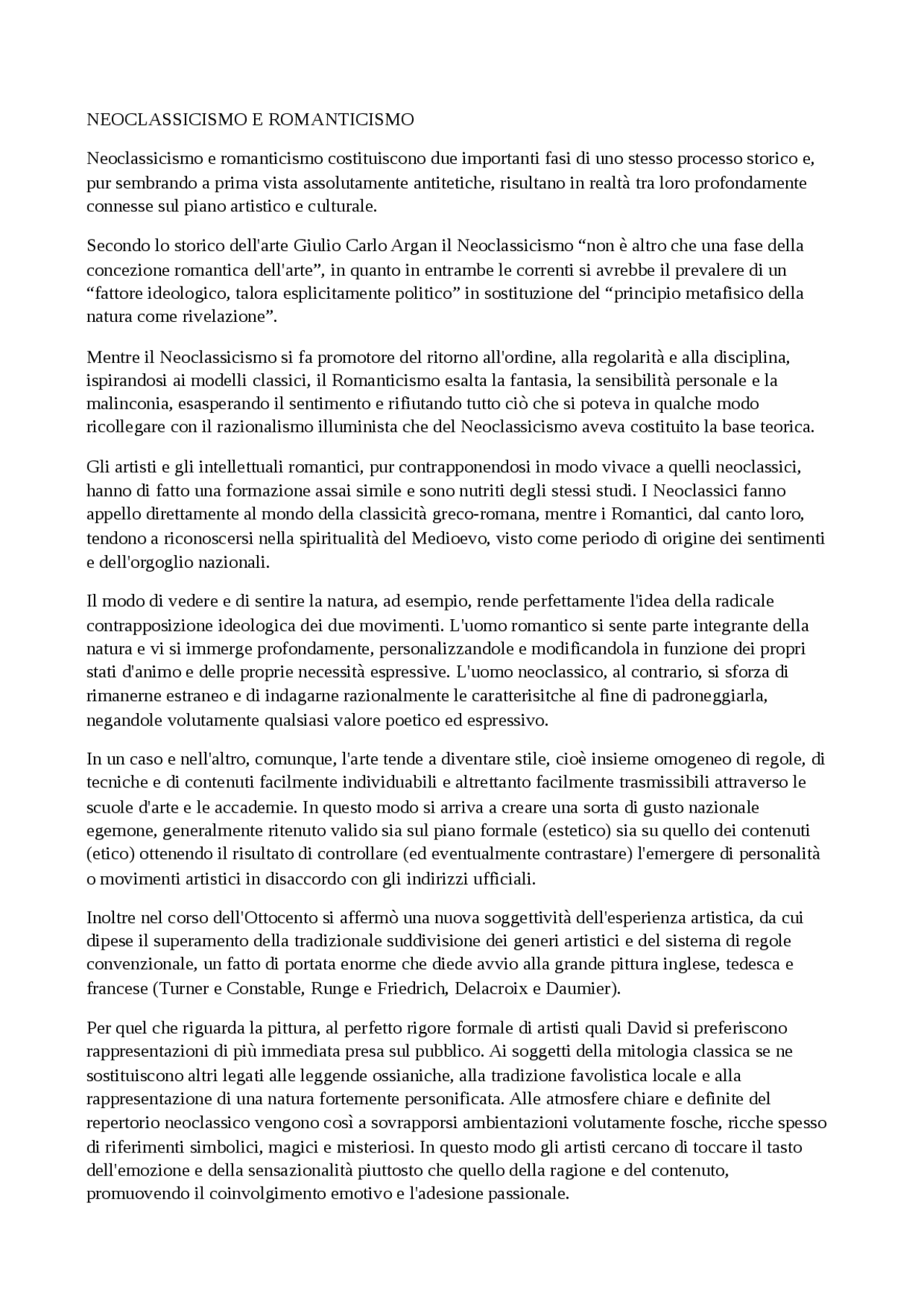 Neoclassicismo E Romanticismo Appunti Di Storia Docsity