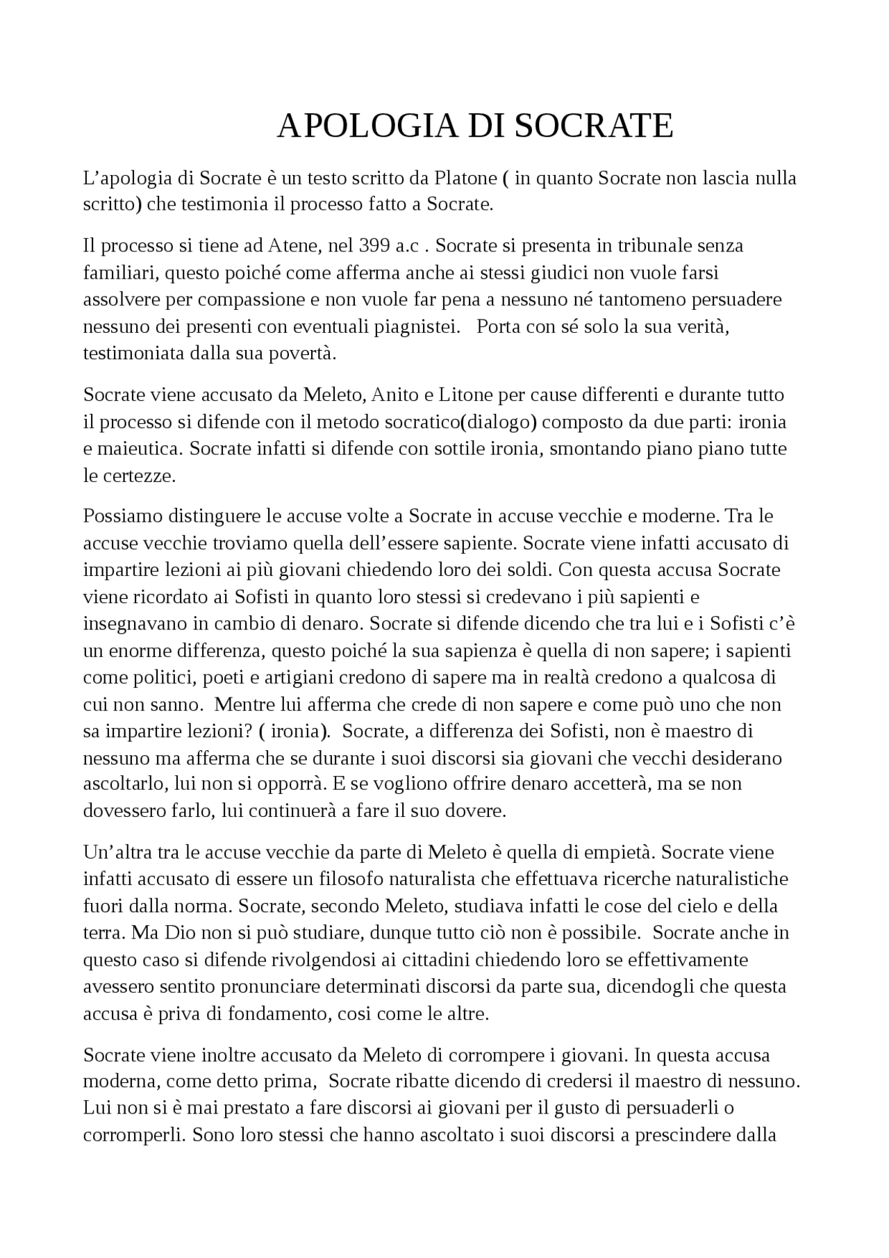 Apologia di socrate, pedagogia - Docsity