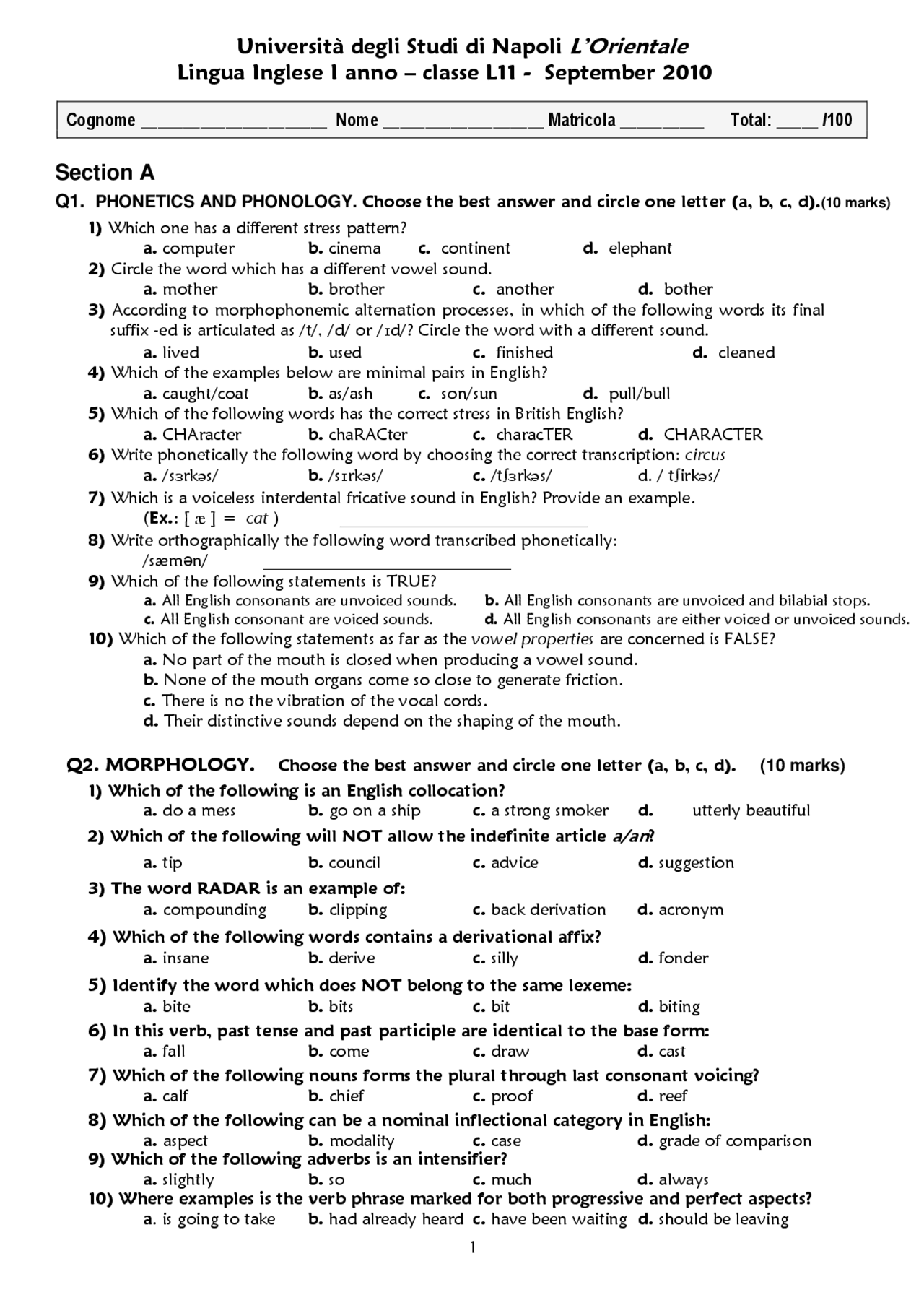 Prova inglese 1 esercitazione - Docsity