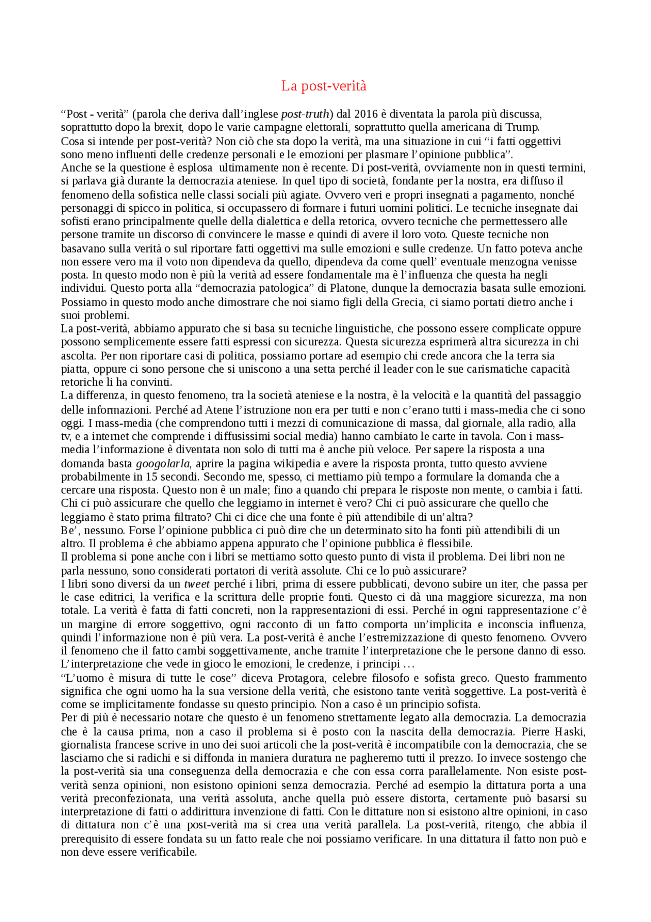 La Post Verità Dai Sofisti Docsity