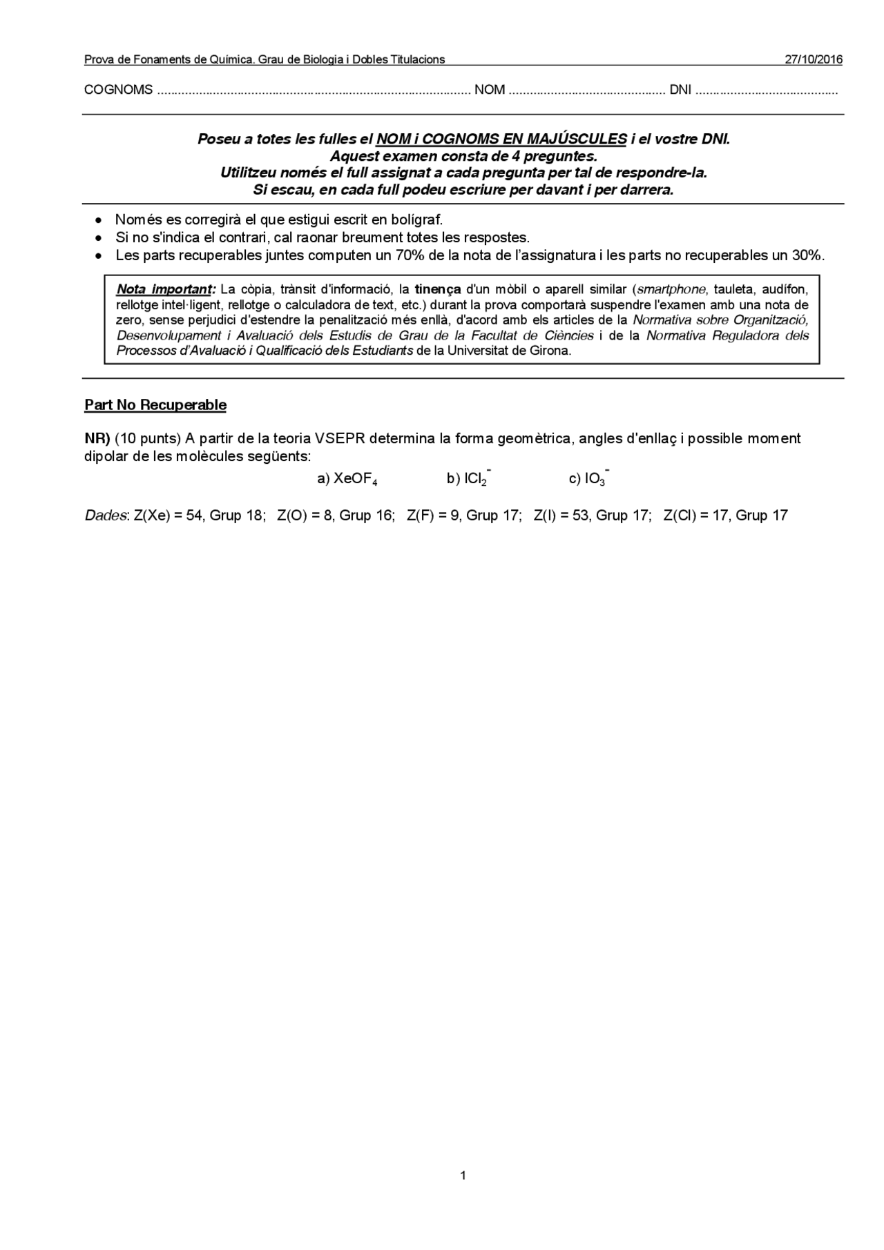 Exàmen Química Primer Docsity