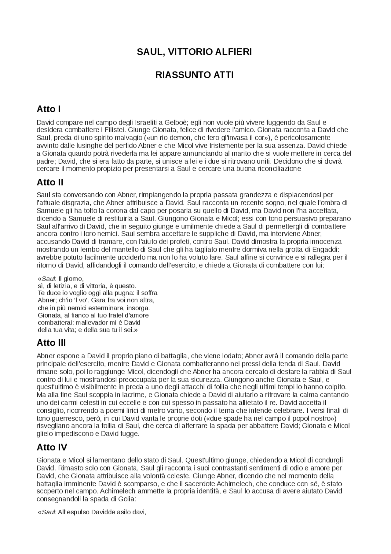 "Saul" di Alfieri, riassunto - Docsity