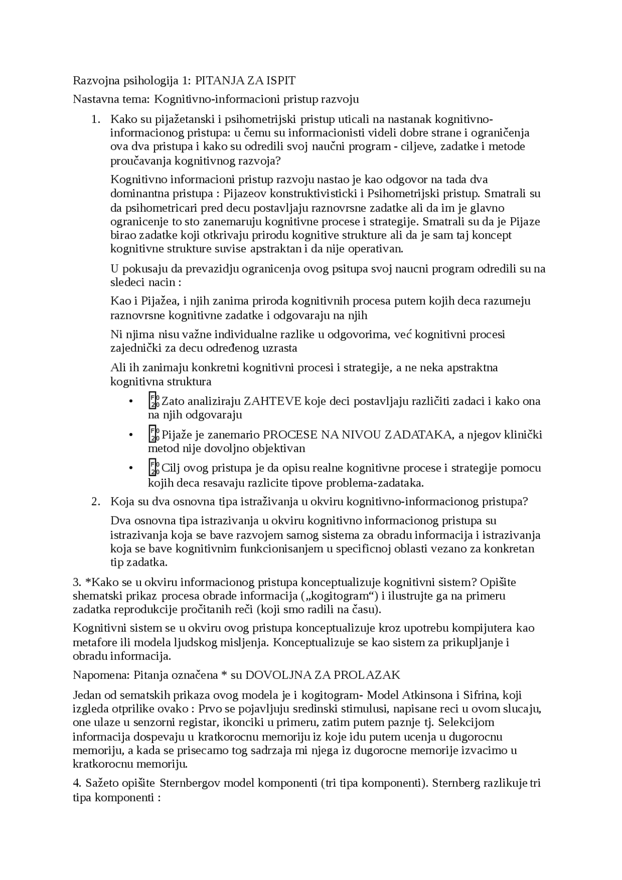 Razvojna psihologija: pitanja za ispit sa odgovorima | Skripte od Razvojna psihologija | Docsity