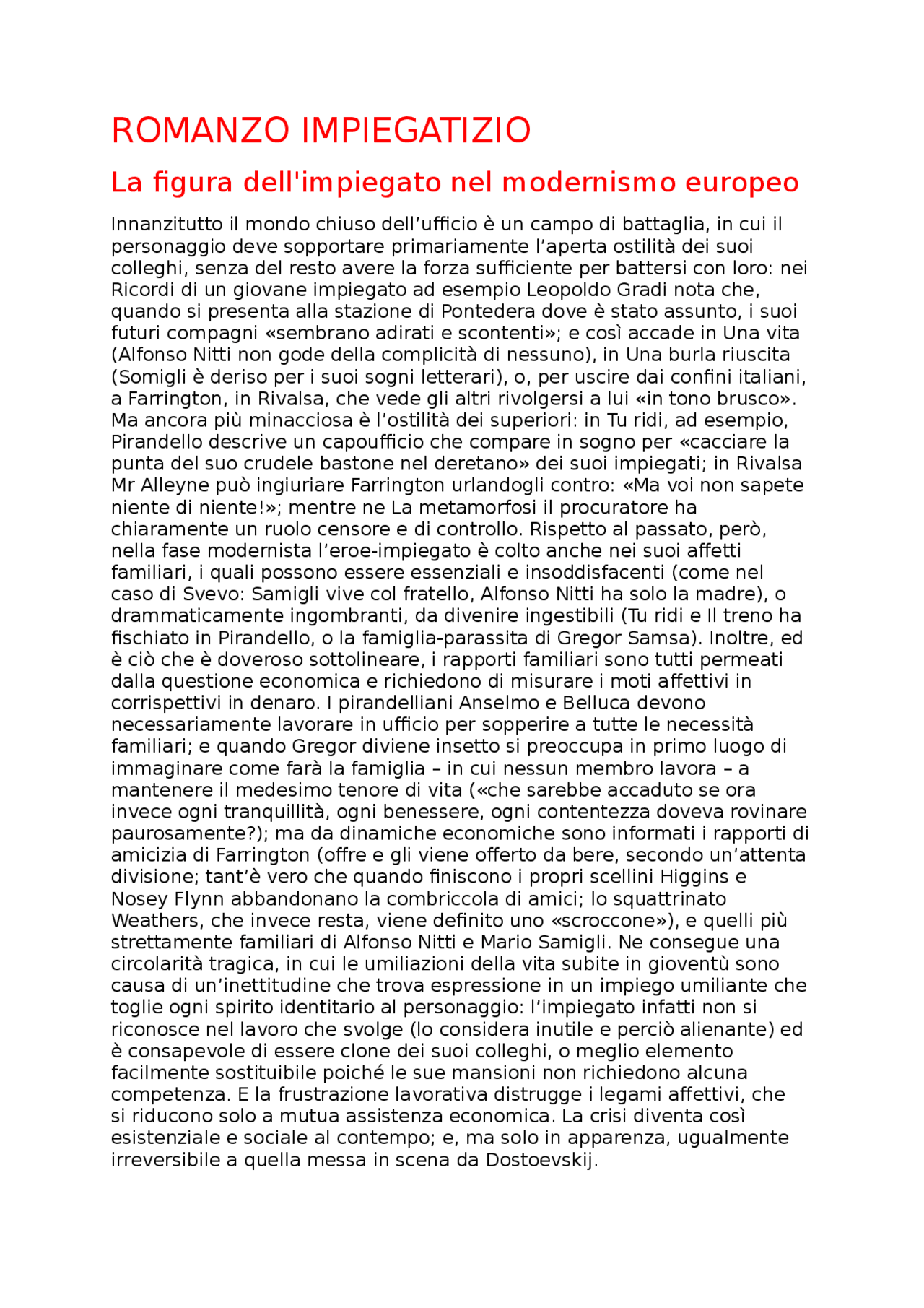 ROMANZO IMPIEGATIZIO La figura dell'impiegato nel modernismo europeo - Docsity