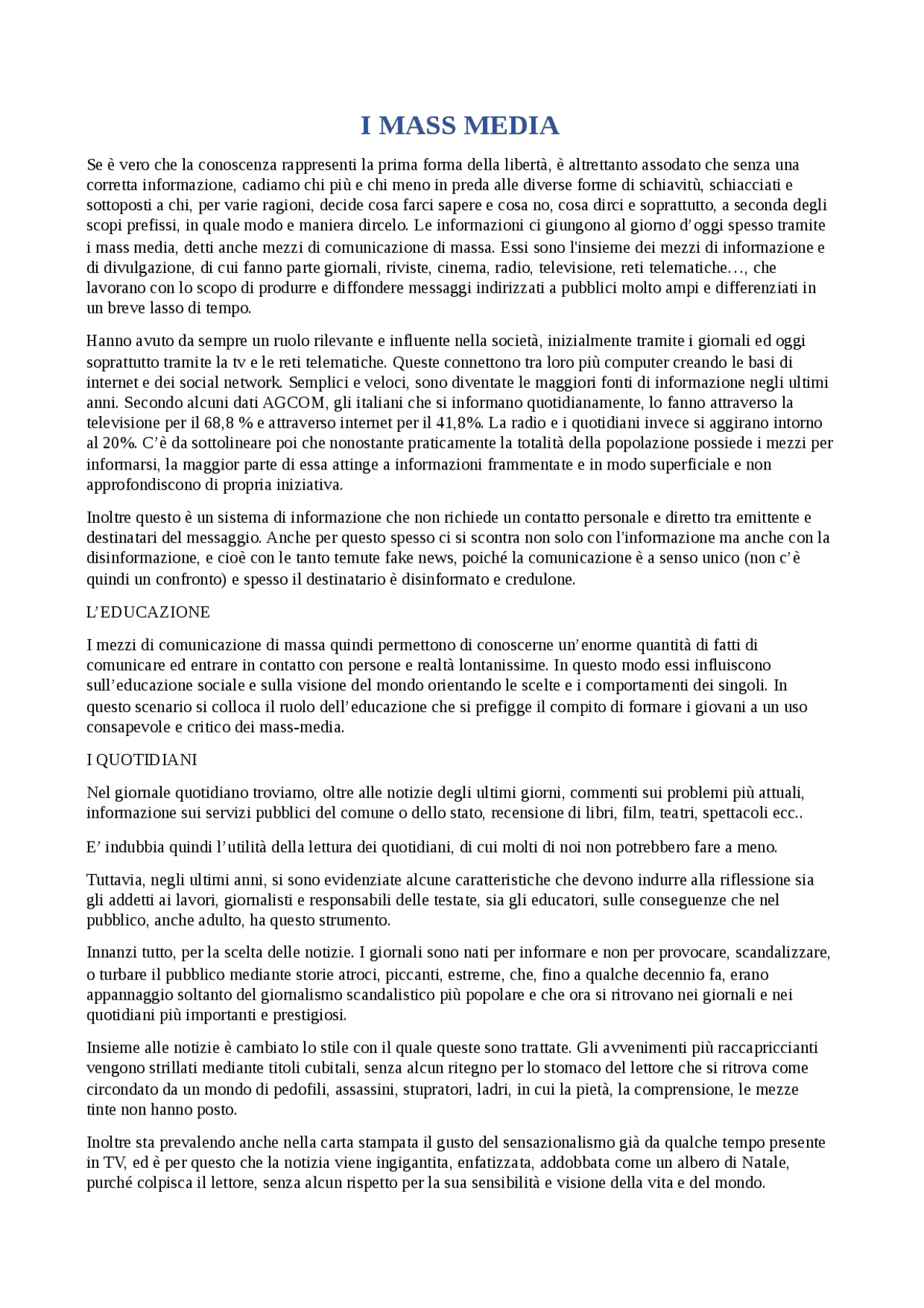 I Mass Media Ed Il Loro Ruolo Nella Società Ieri E Oggi Docsity