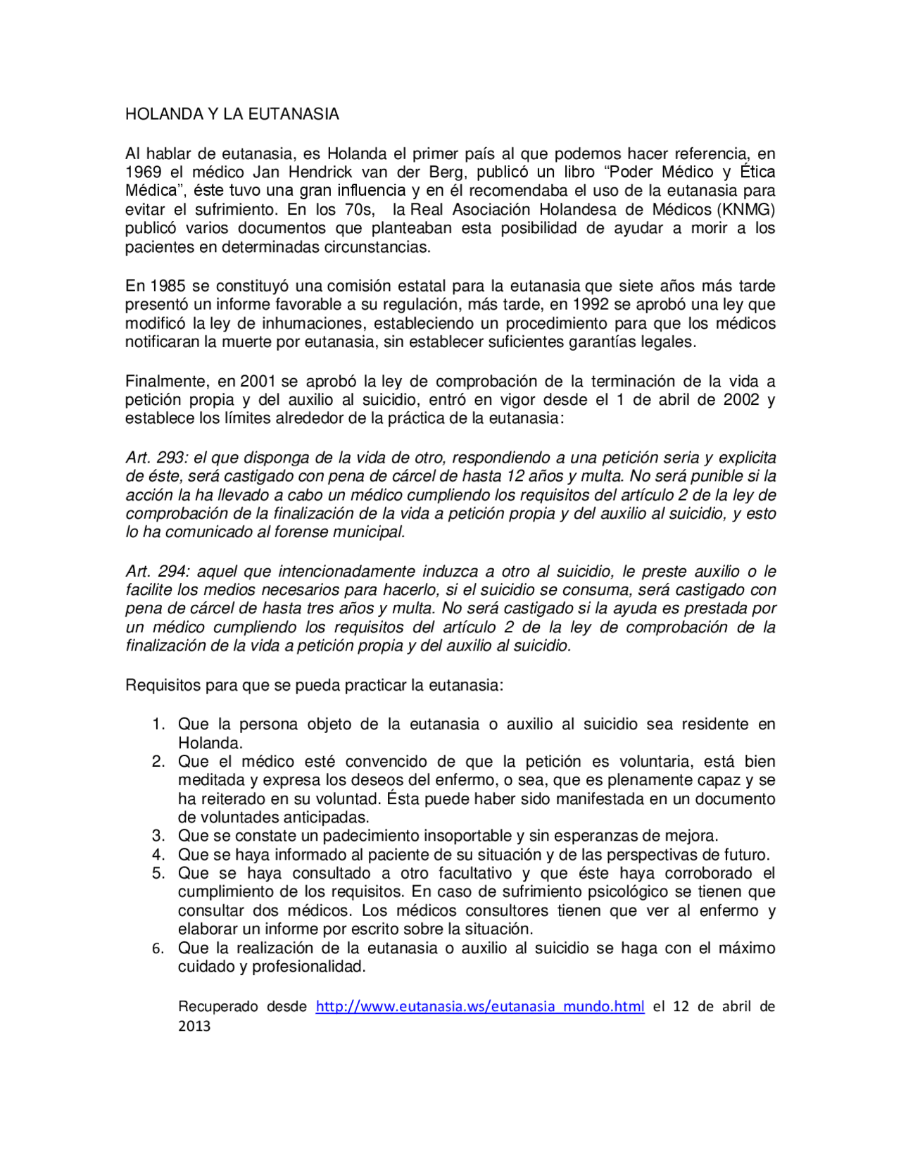 EUTANASIA EN HOLANDA - Docsity