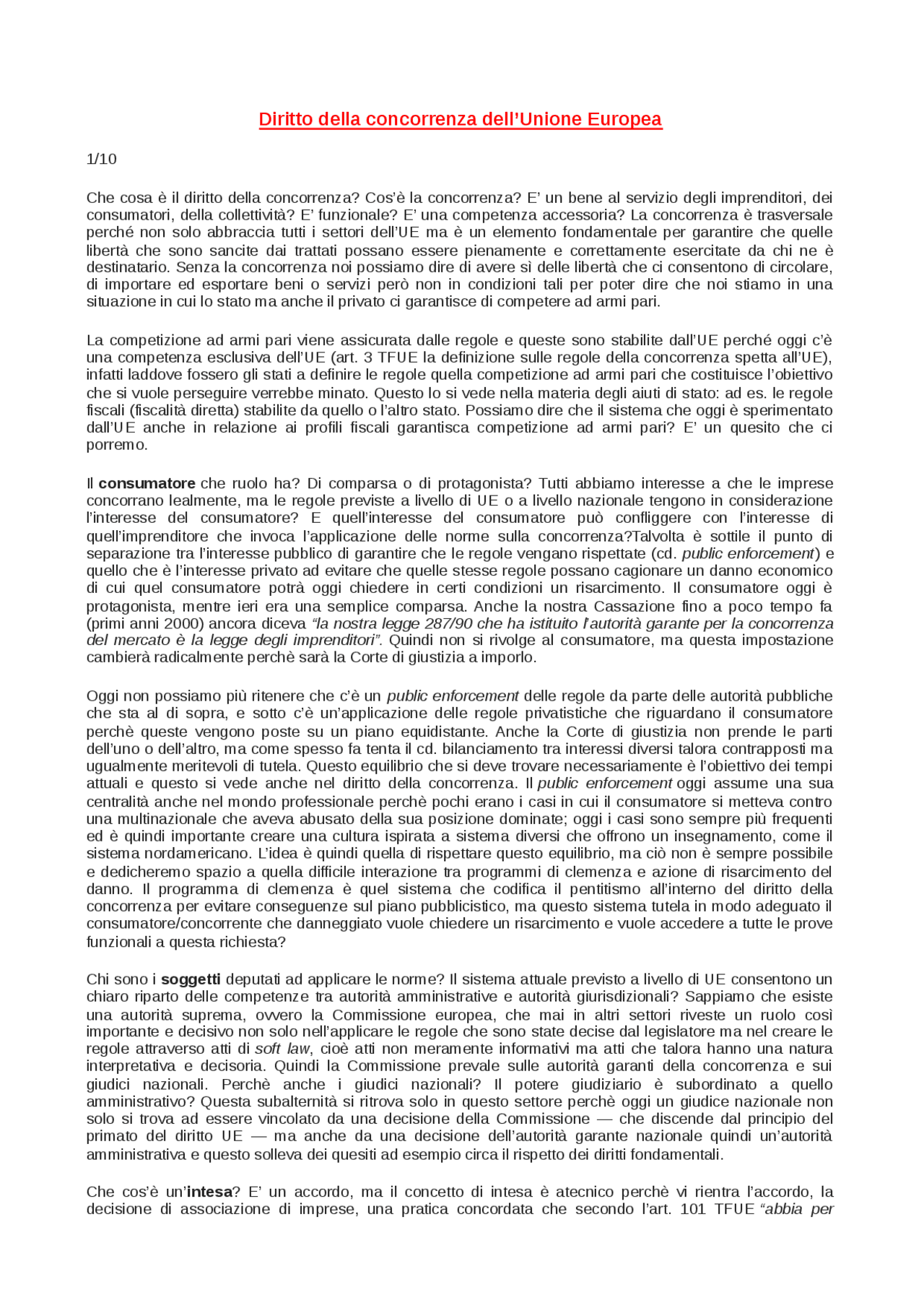 Diritto della concorrenza dell'Unione europea - Docsity