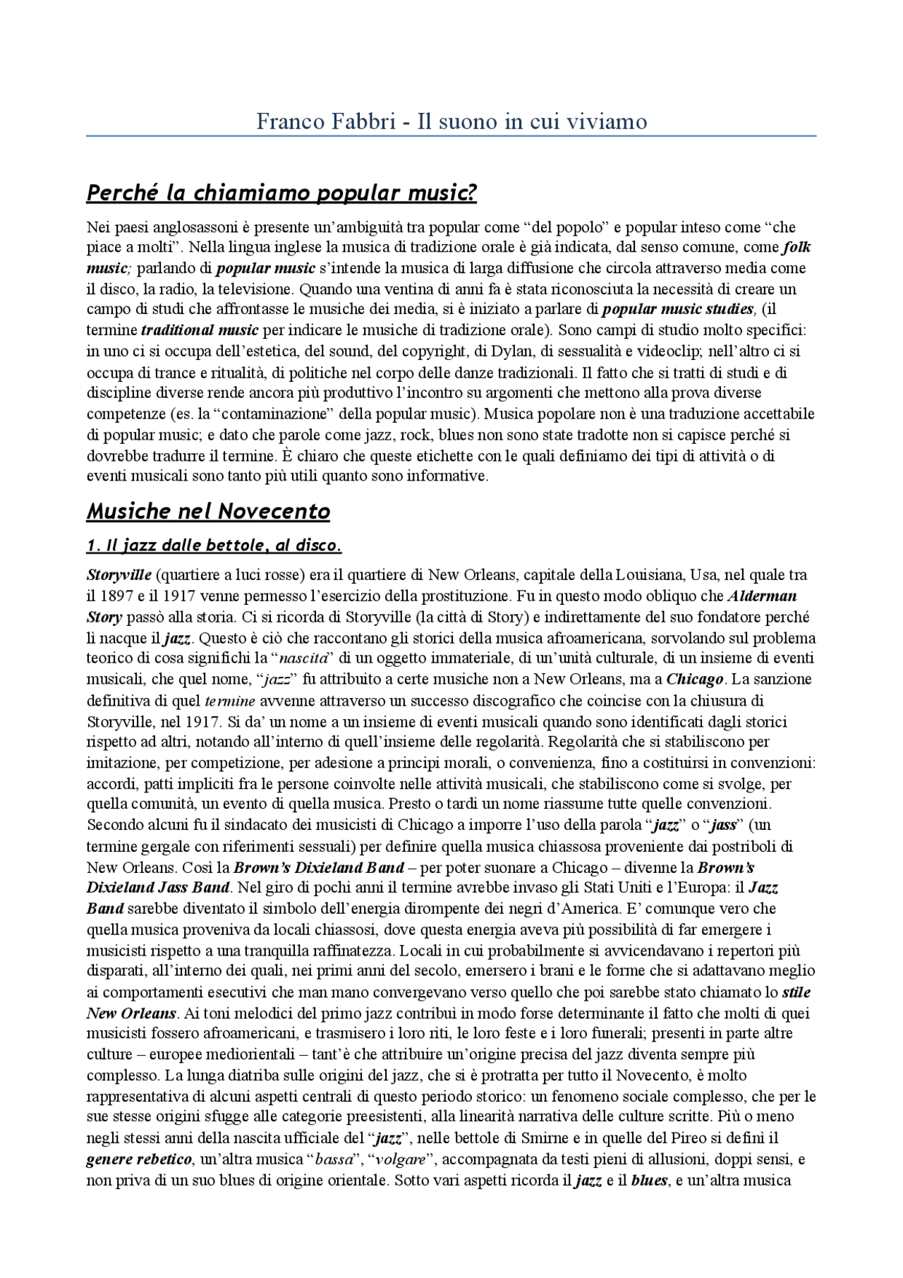 Riassunti Il Suono In Cui Viviamo Docsity