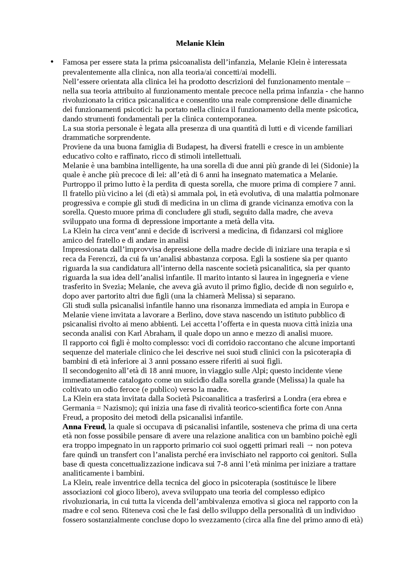 Riassunto Psicologa Klein Docsity