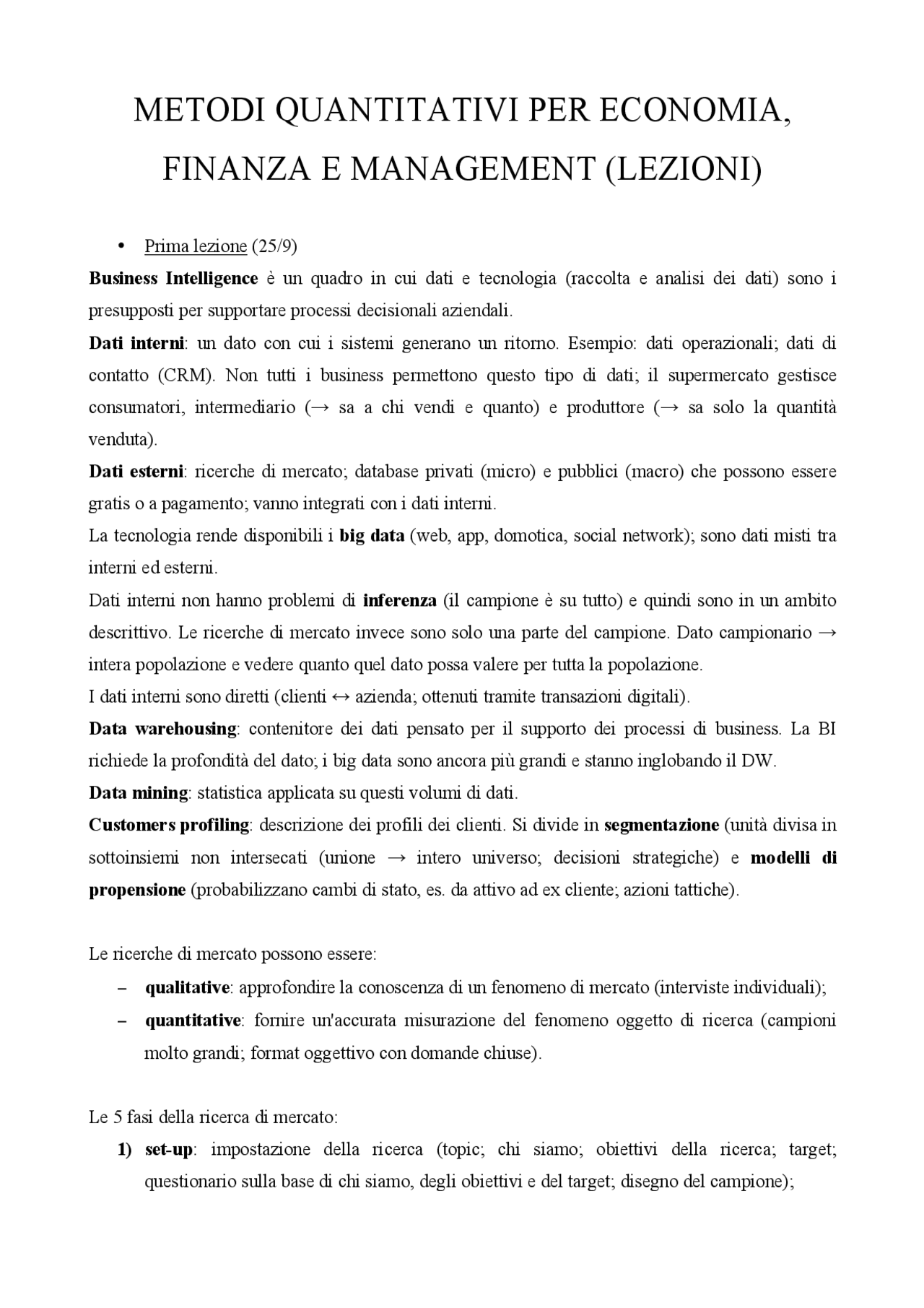 Dispense Metodi Quantitativi Per Economia Finanza E Management Docsity